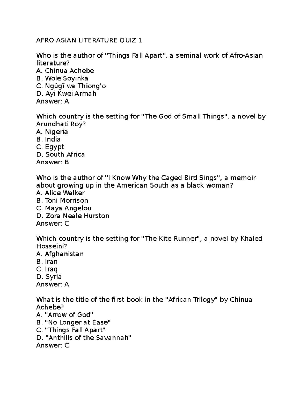 AFRO Asian Literature QUIZ 1 - AFRO ASIAN LITERATURE QUIZ 1 Who is the ...