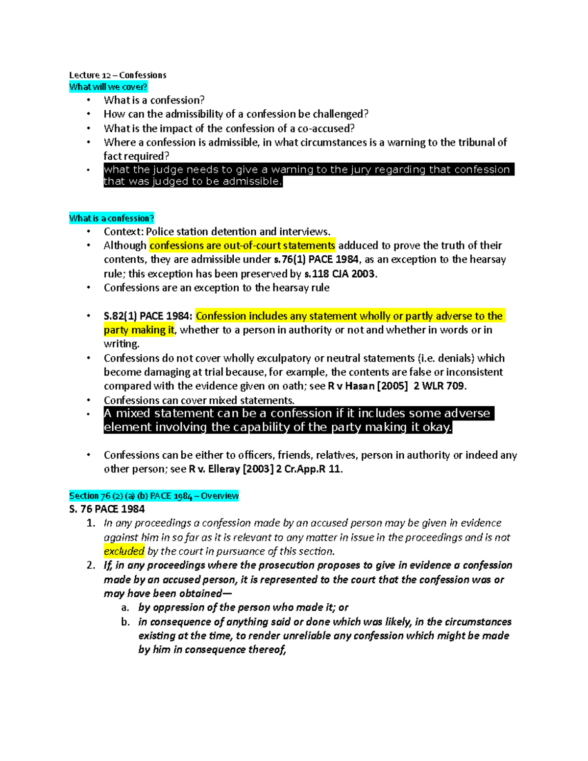 Evidence lecture 2 - Lecture 12 – Confessions What will we cover? • What is a confession? • How ...