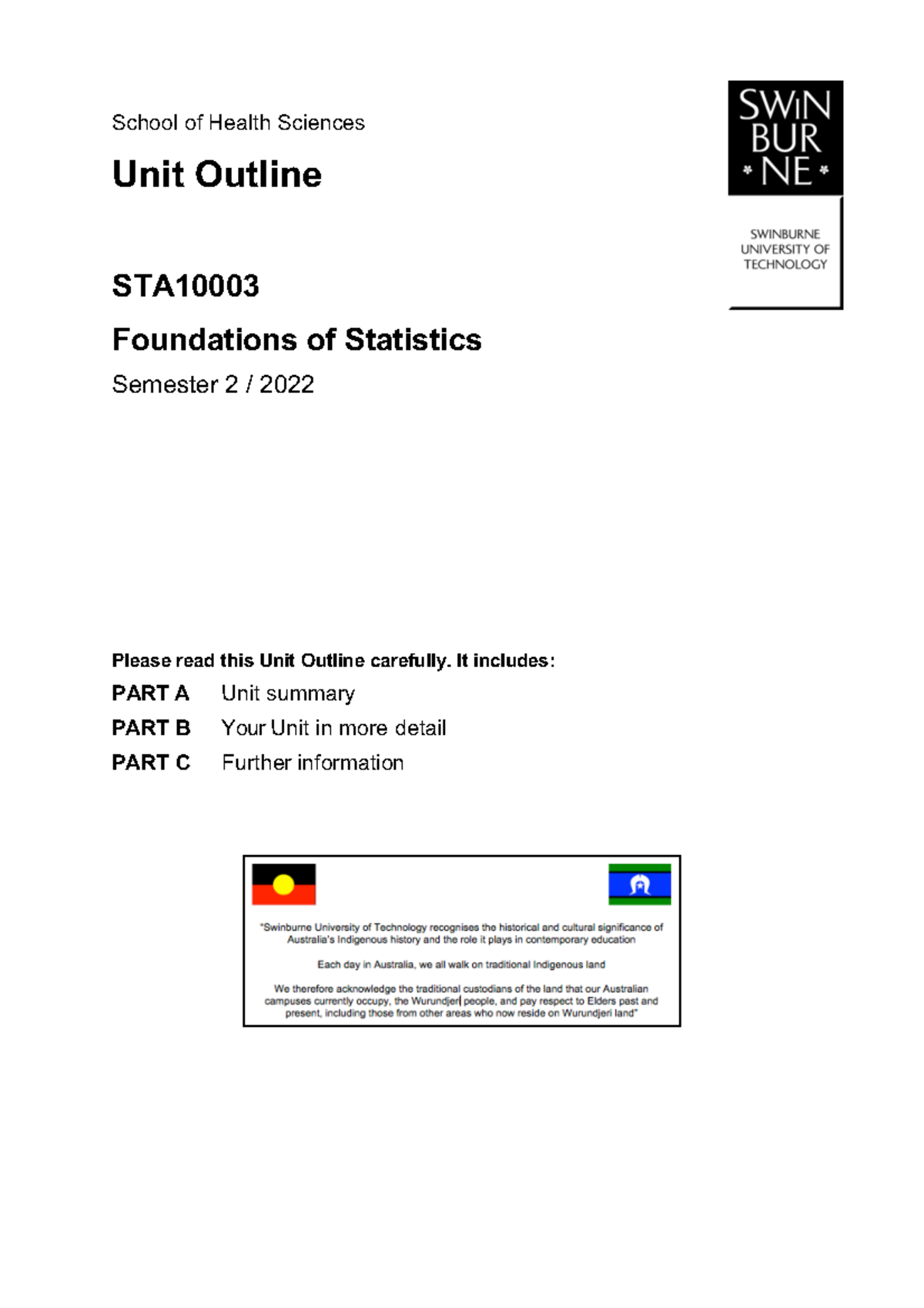 STA10003 UO Sem 2 2022 V1 - School of Health Sciences Unit Outline STA ...