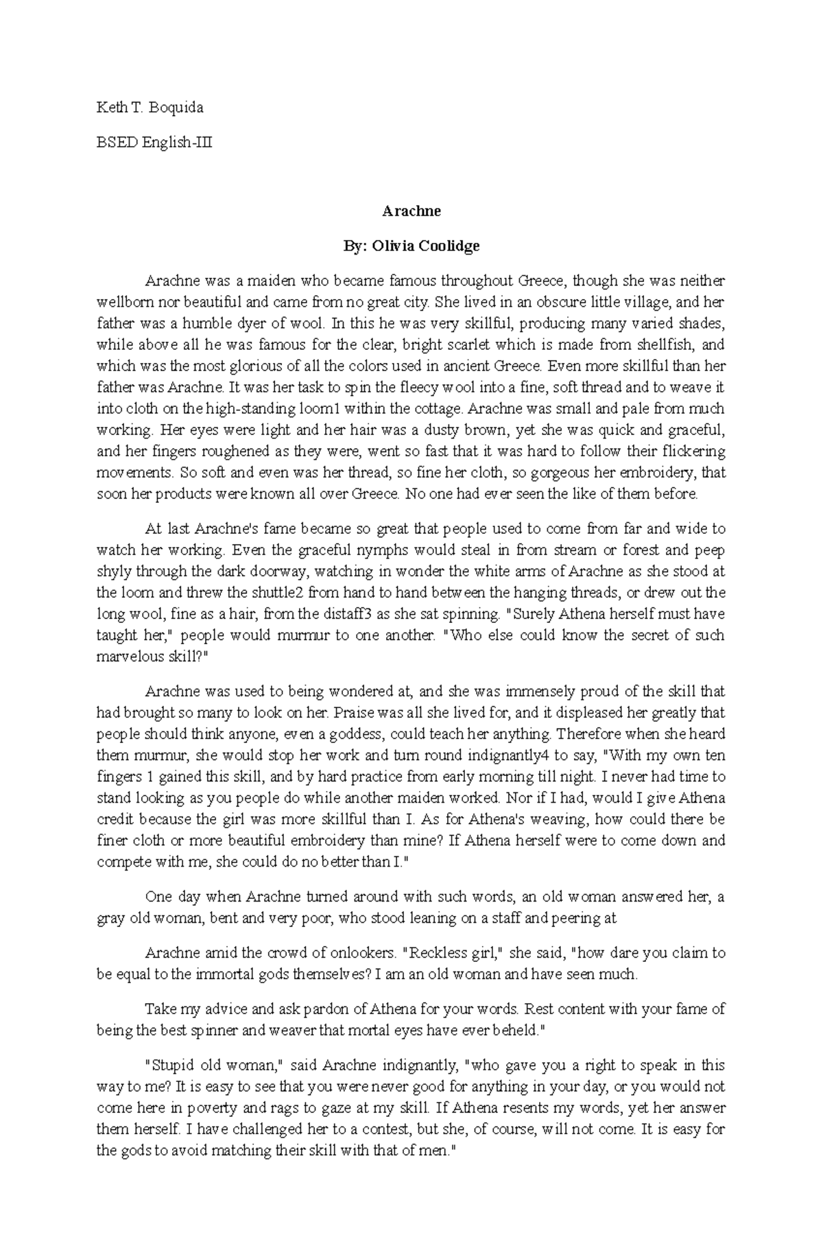 Boquida Arachne BY Olivia Coolidge - Keth T. Boquida BSED English-III Arachne By: Olivia ...