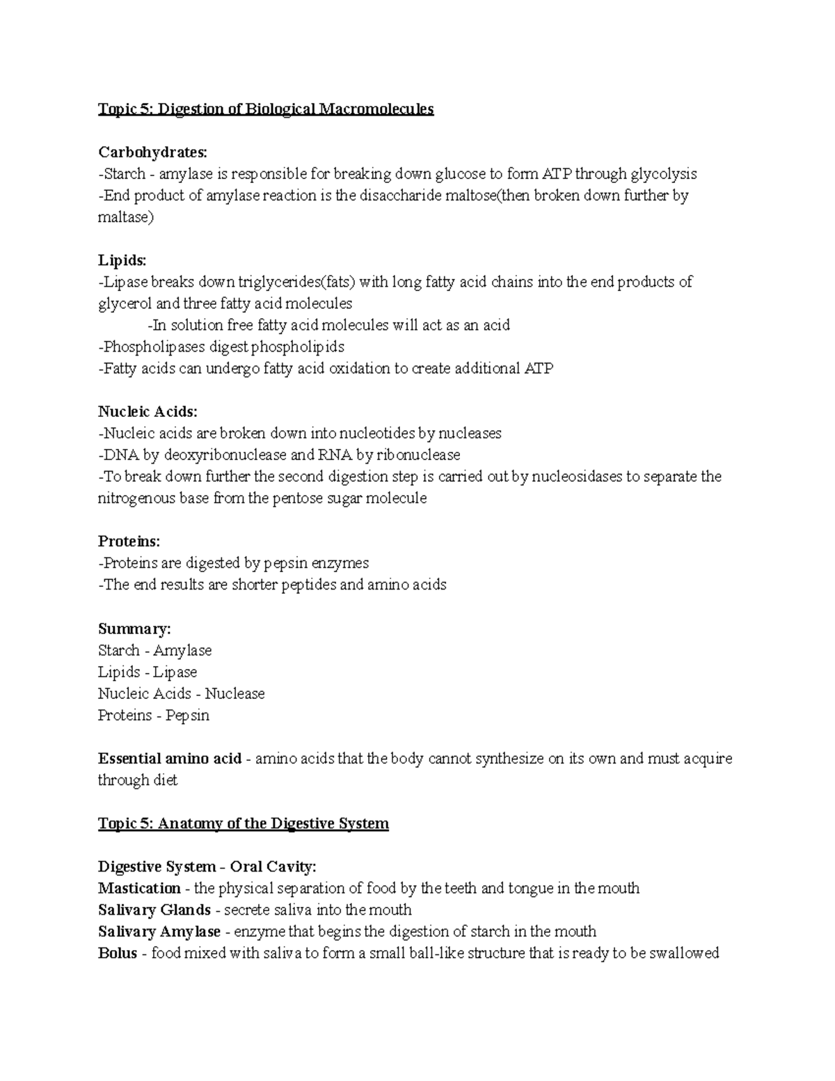 Topic 5 Lab Quiz Study Guide - Topic 5: Digestion of Biological ...