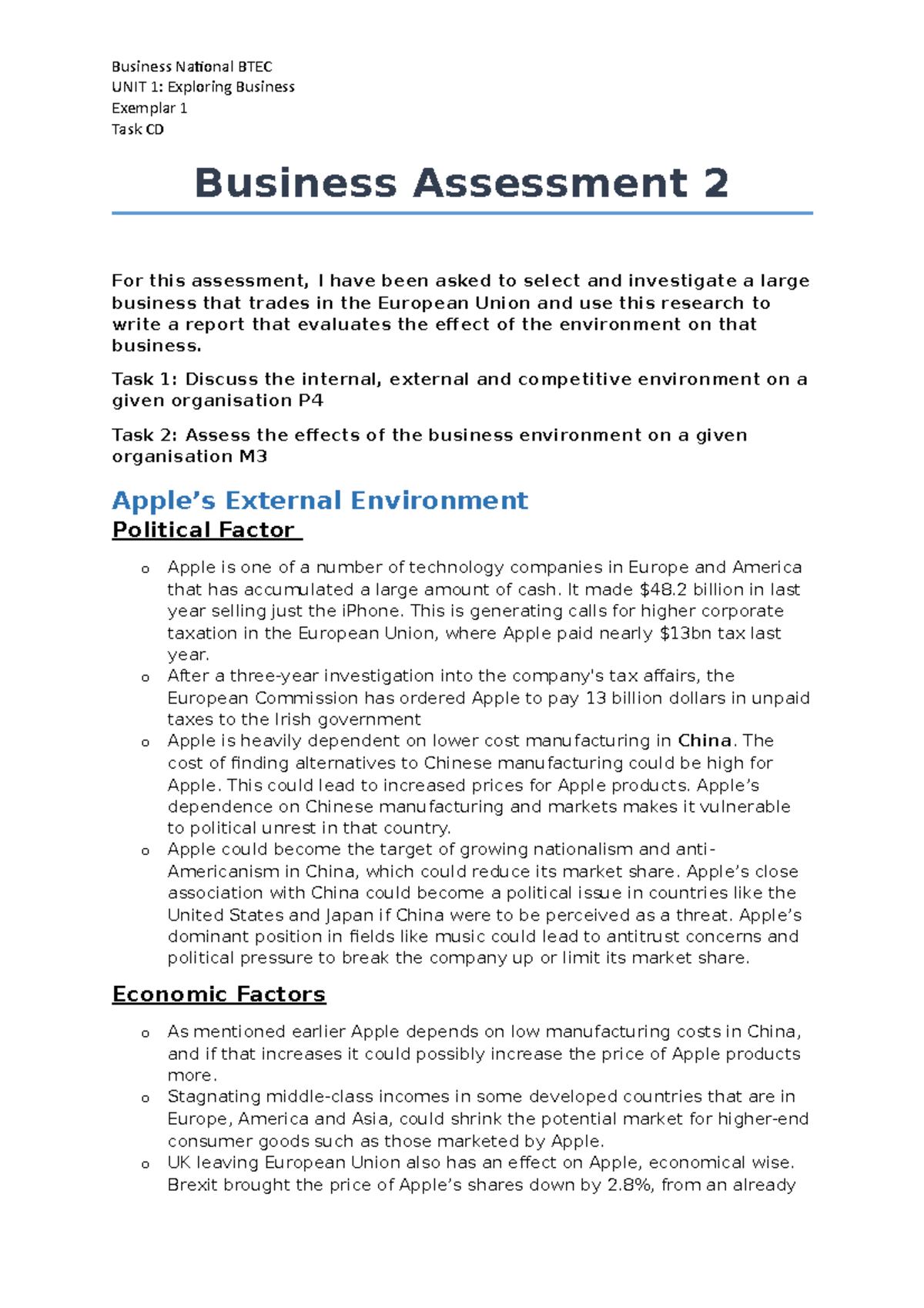 Business Assessment 2 help - UNIT 1: Exploring Business Exemplar 1 Task ...