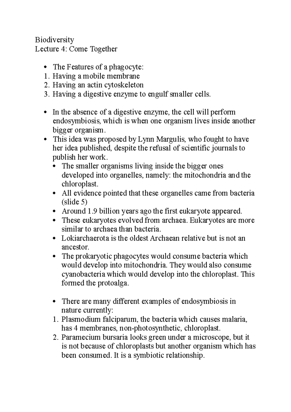 Biodiversity lecture 4 notes - Biodiversity Lecture 4: Come Together ...