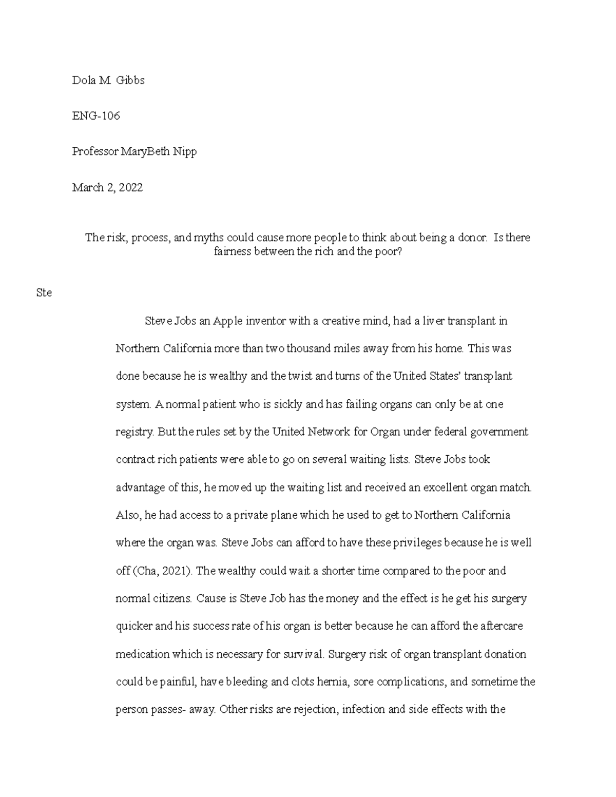 Cause and effect essay 2 - Dola M. Gibbs ENG- Professor MaryBeth Nipp ...