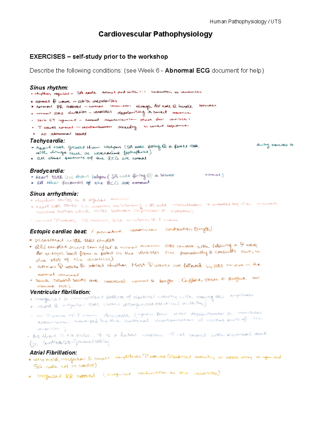Week 6 - CVS patho worksheet - Cardiovescular Pathophysiology EXERCISES ...