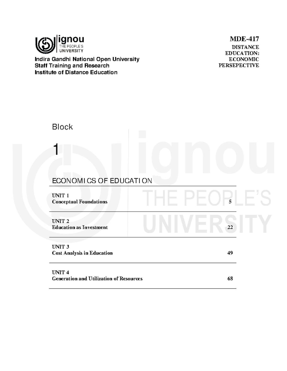 Block 1 - alfred - Bl ock 1 ECONOMI CS OF EDUCATI ON UNIT 1 Conceptual Foundations 5 UNIT 2 ...