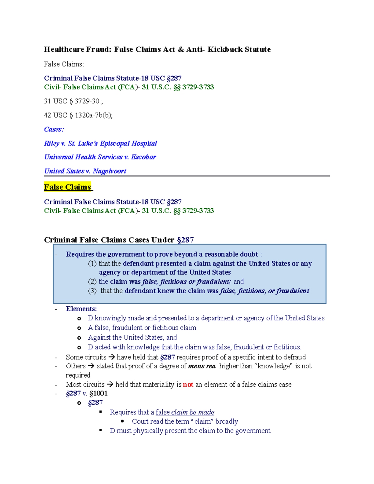 Healthcare Fraud: False Claims Act Kickback Statute - Studocu