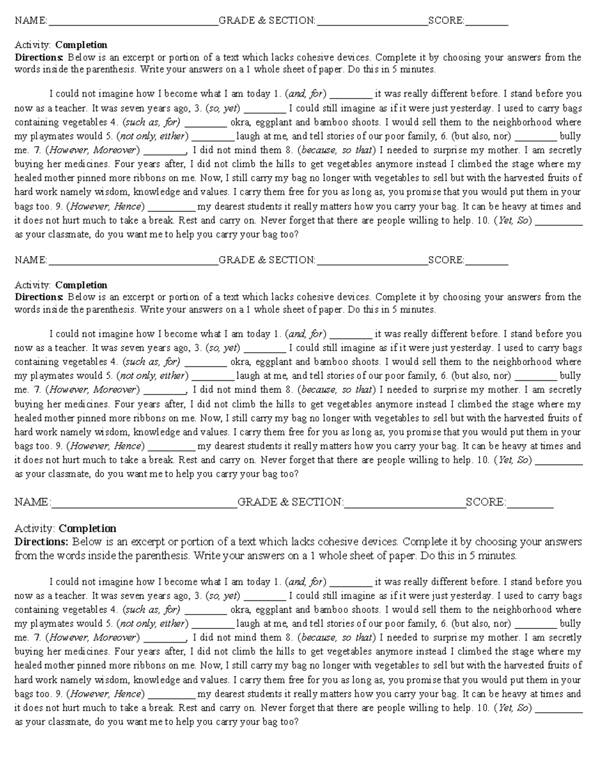 Cohesive Devices Grade 8 Evaluation - NAME ...