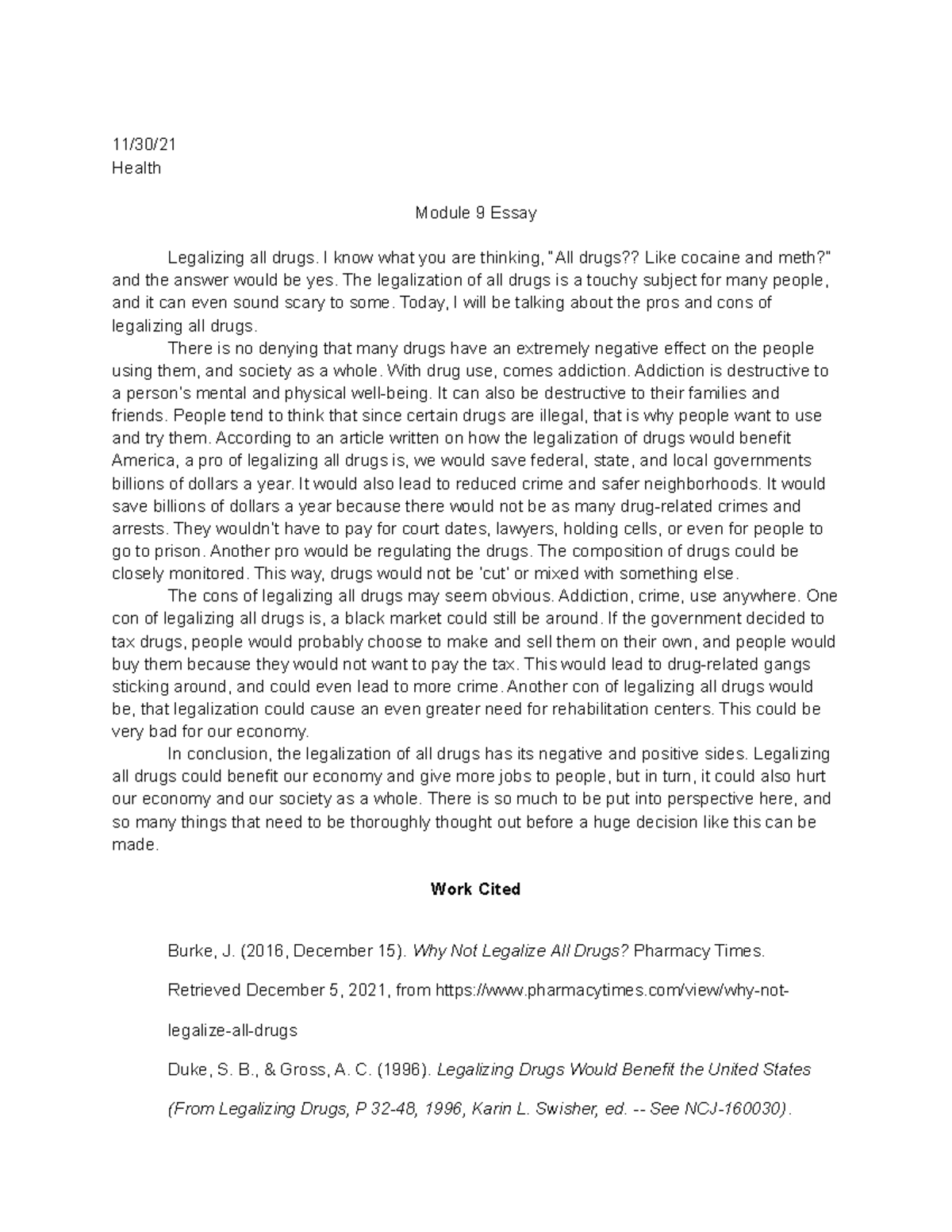 Module 9 essay-health - 11/30/ Health Module 9 Essay Legalizing all ...