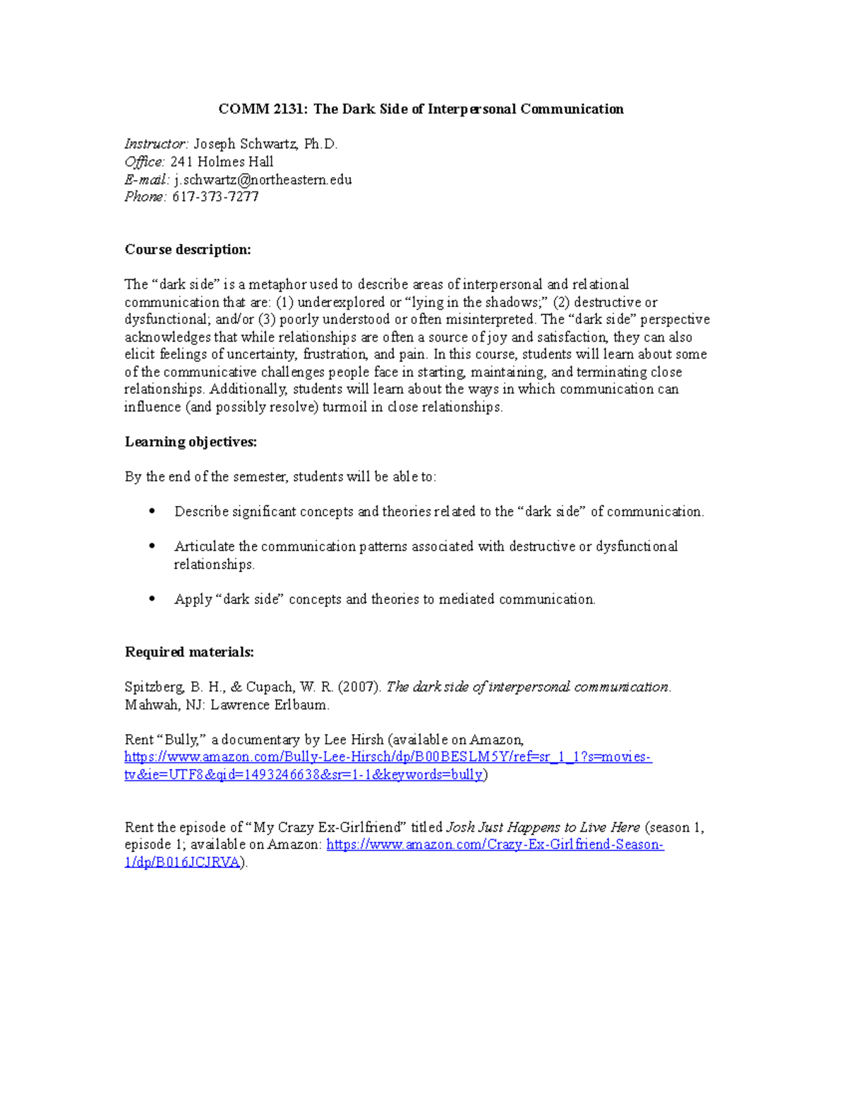 The Dark Side of Interpersonal Communication syllabus summer 1 2019 ...