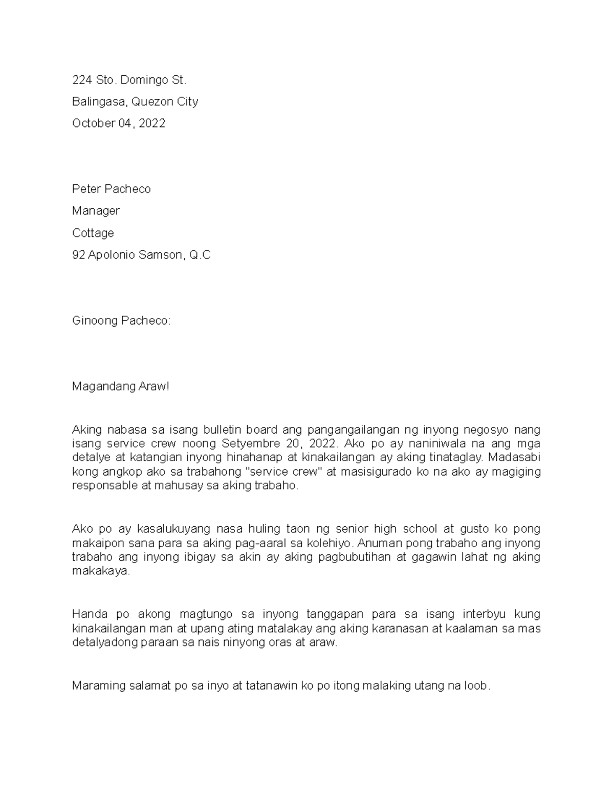 Liham - Helloooo - 224 Sto. Domingo St. Balingasa, Quezon City October ...