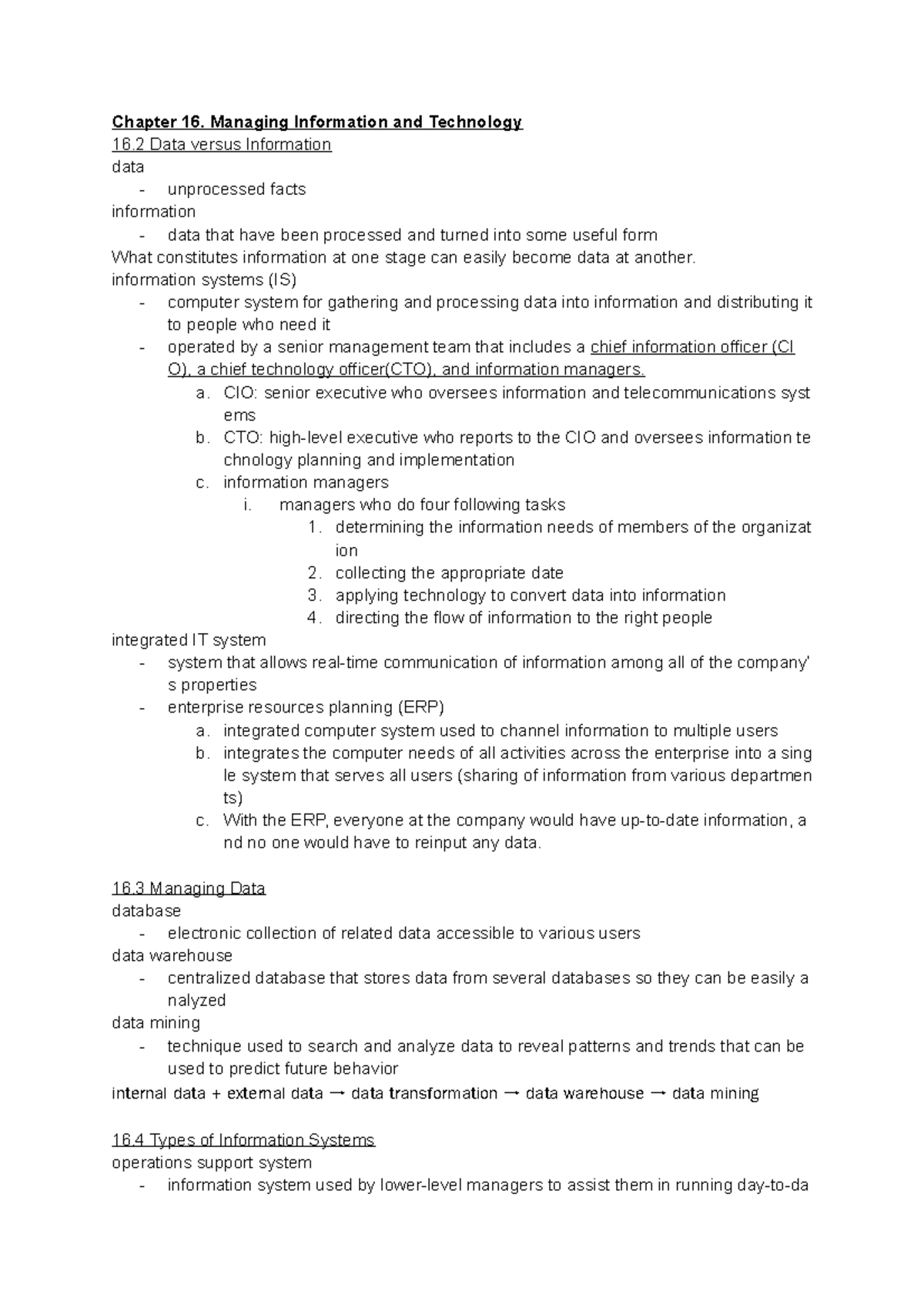 B - chapter 16 notes - Chapter 16. Managing Information and Technology ...