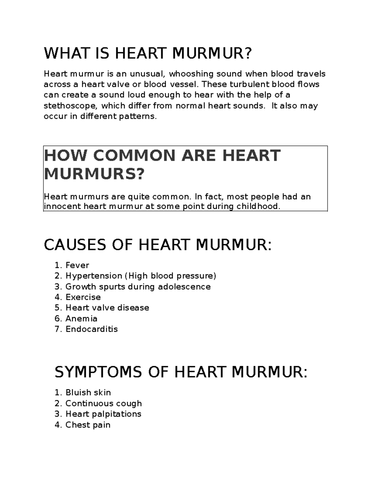 Heart murmur assignment - WHAT IS HEART MURMUR? Heart murmur is an ...