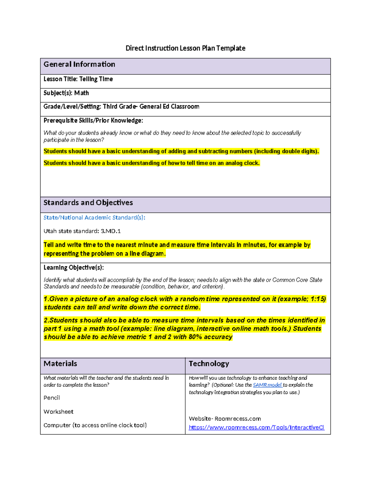 Math for Educators - Direct Instruction Lesson Plan Template General ...