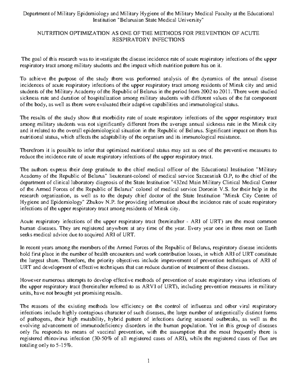 Nutrition Optimization AS ONE OF THE Methods FOR Prevention OF Acute Respiratory Infections ...