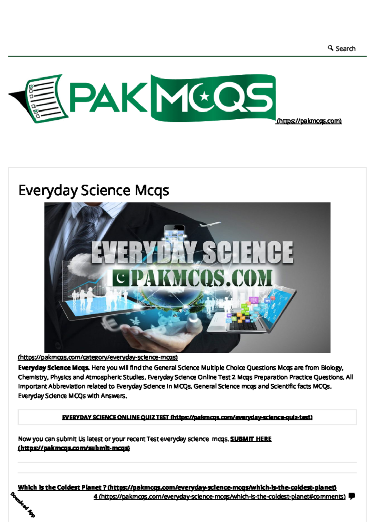 Everyday Science Mcqs for Fpsc and other Tests - Pak Mcqs - 4 - Studocu