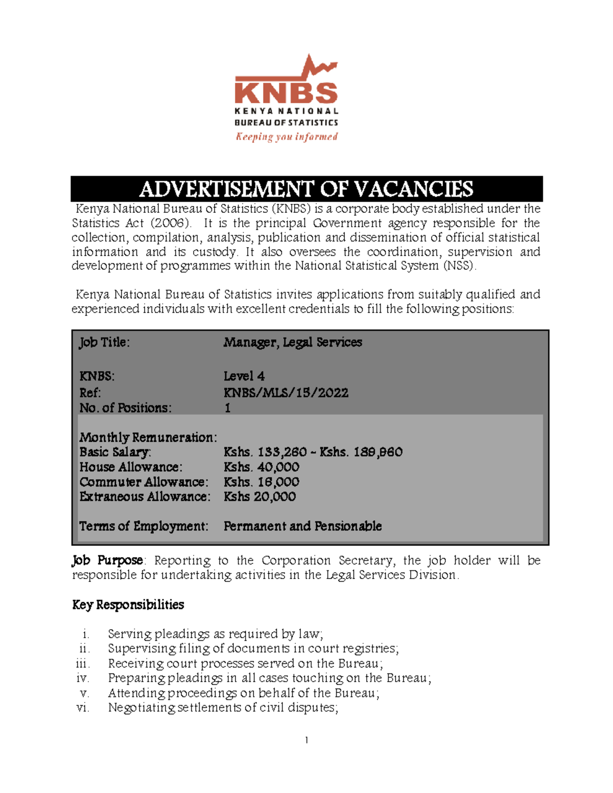 KNBS- Advert- Assignment - ADVERTISEMENT OF VACANCIES Kenya National ...