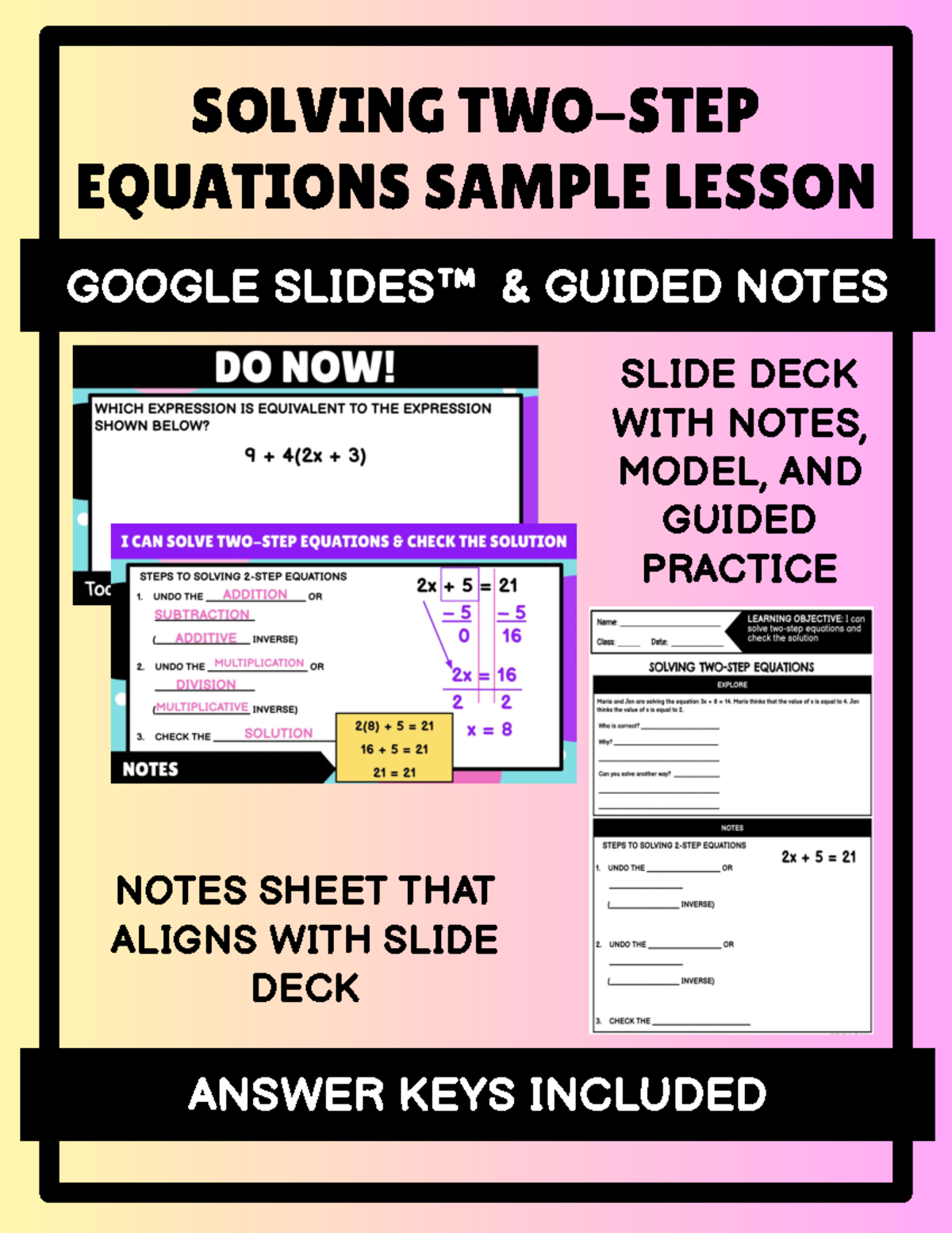 Two Step Equations Mini Lesson No Prep Slides Notes Do Now Exit Ticket ...