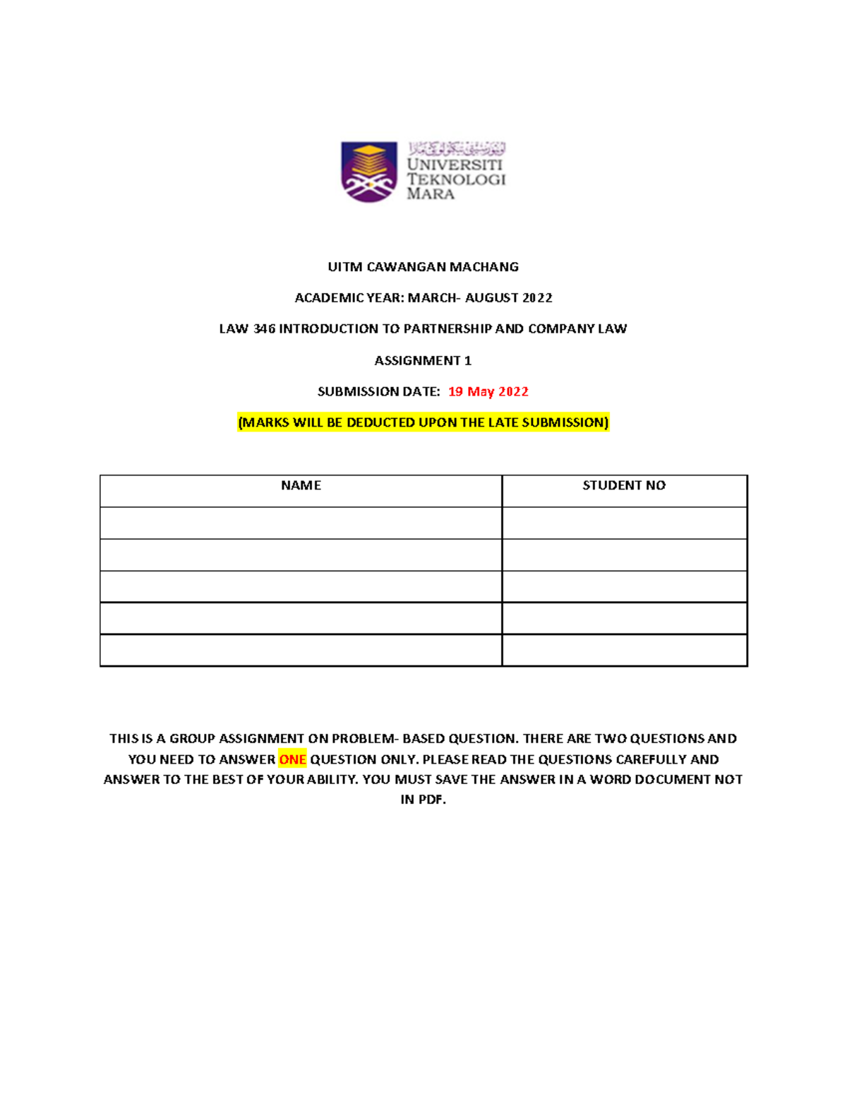 Assignment 1 - Partnership - UITM CAWANGAN MACHANG ACADEMIC YEAR: MARCH ...