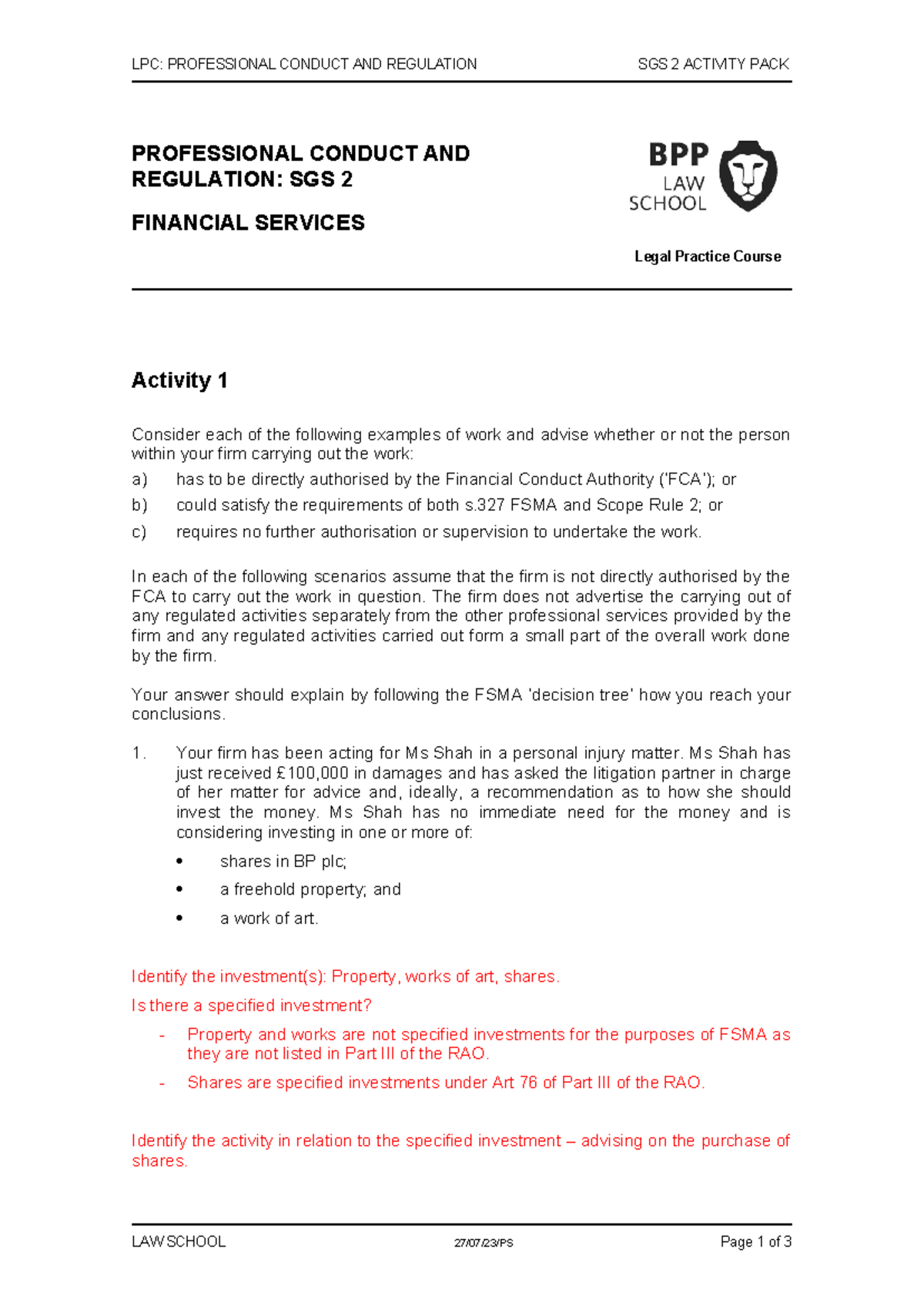PCR SGS 2 Activity Pack 2324 - LPC: PROFESSIONAL CONDUCT AND REGULATION ...