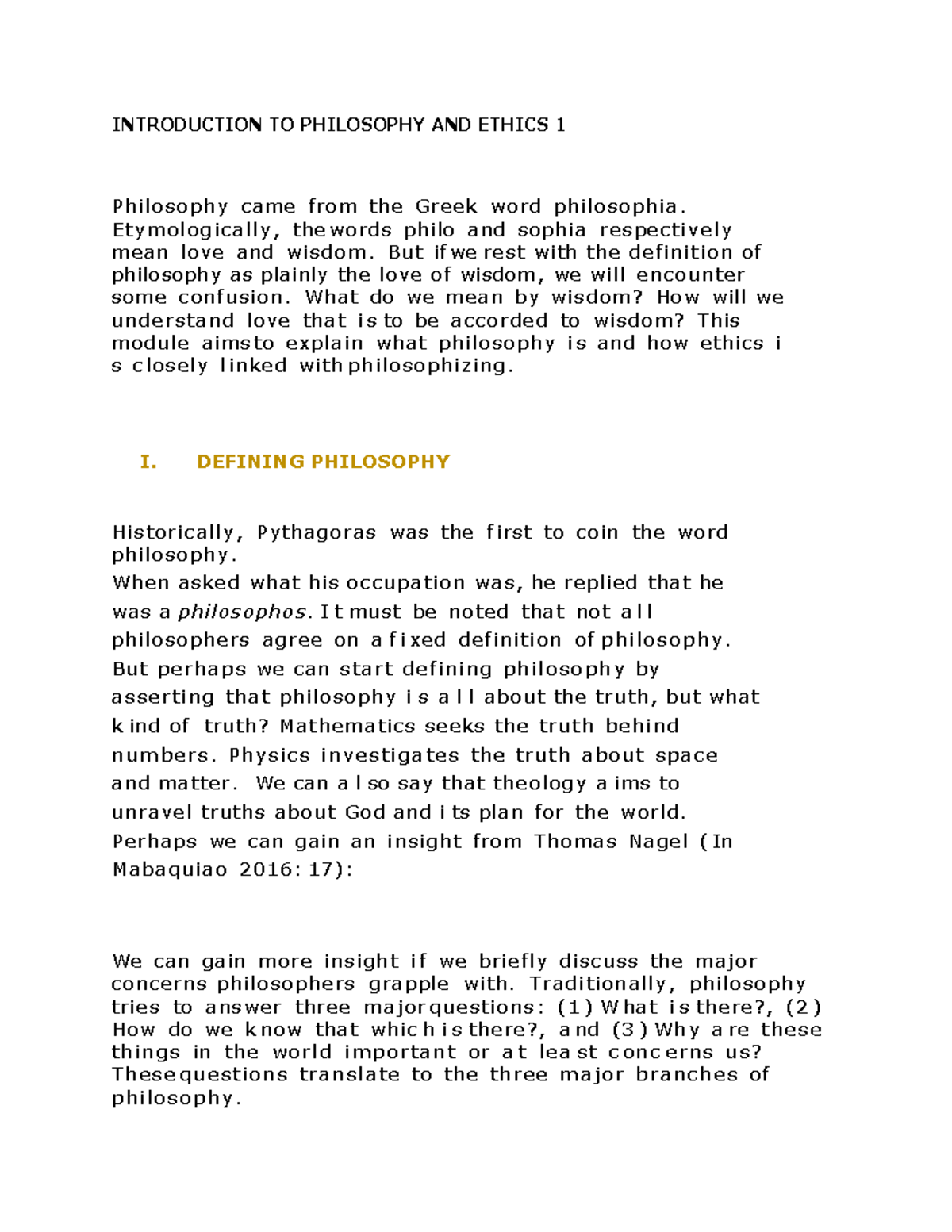 Introduction to Philosophy and Ethics 1 - INTRODUCTION TO PHILOSOPHY ...