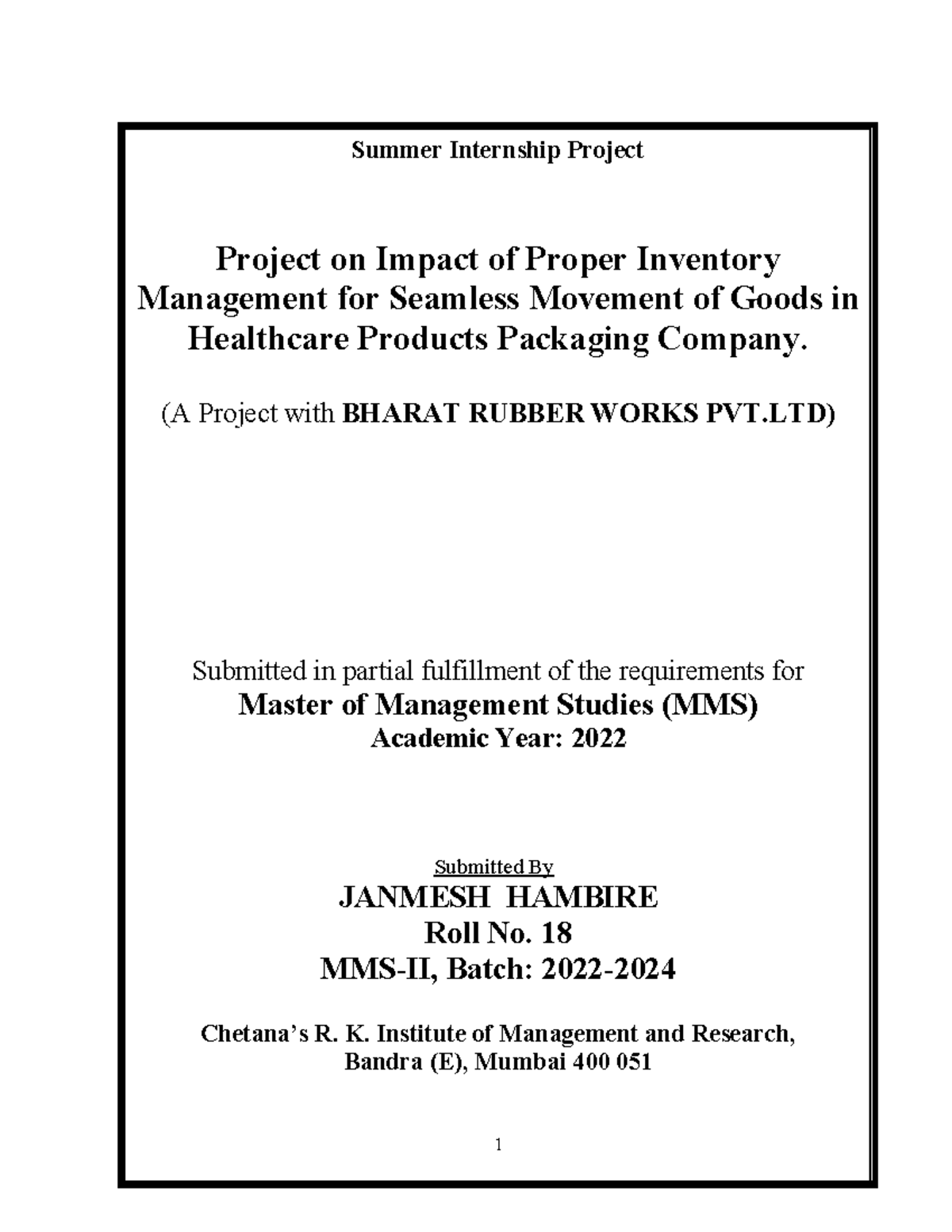 Final Year Project - Summer Internship Project Project on Impact of ...