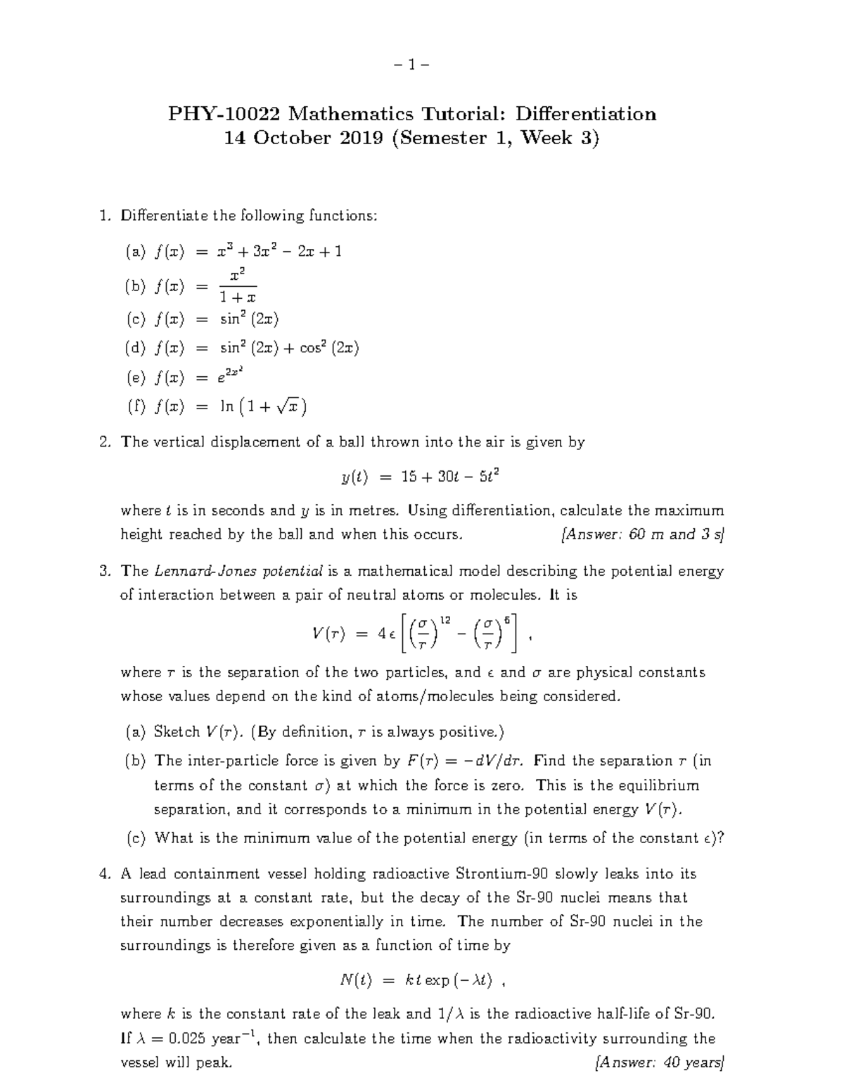 Semester 1 Tutorial 2 2019 - – 1 – PHY-10022 Mathematics Tutorial ...