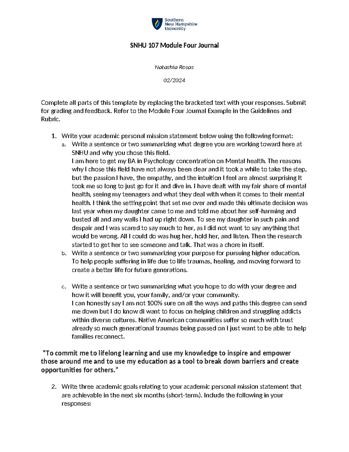 SNHU 107 Module Four Journal - SNHU 107 Module Four Journal Natashia ...