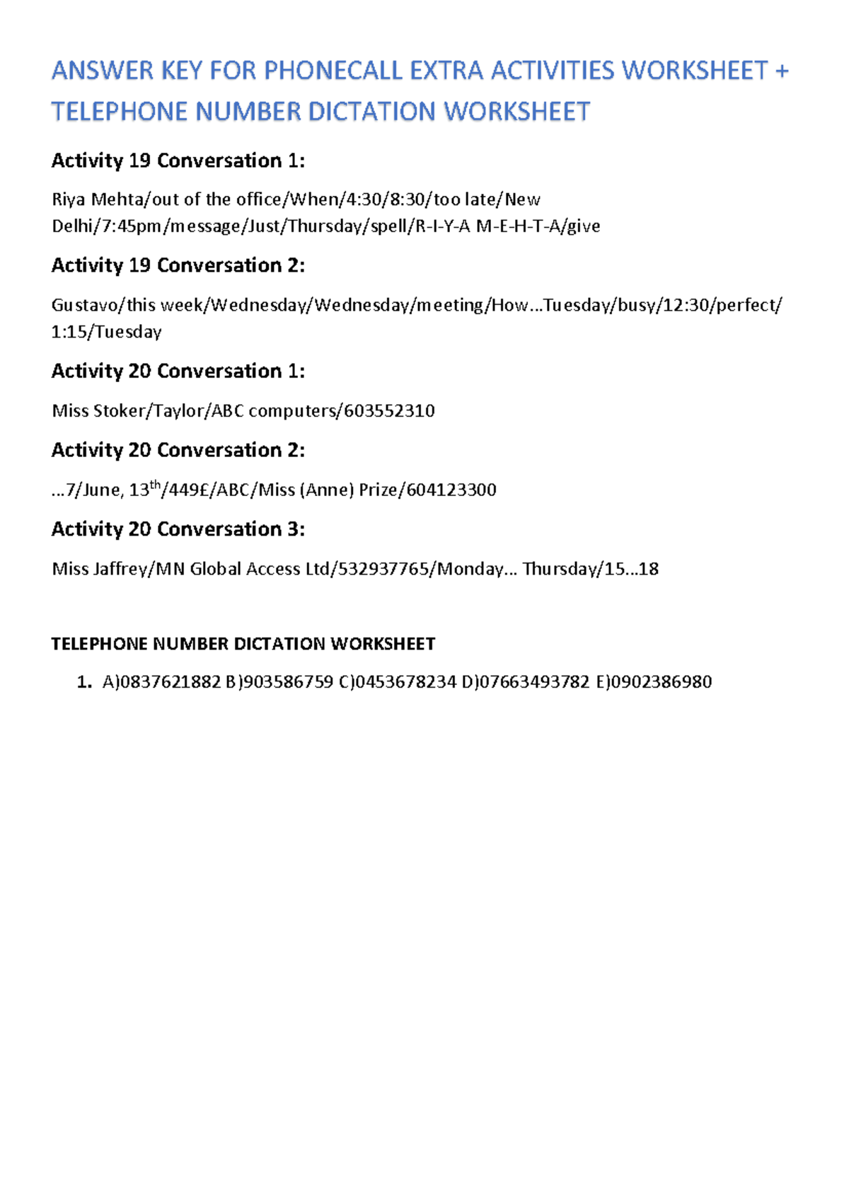 Answer key for phonecall extra activities and number dictation ...