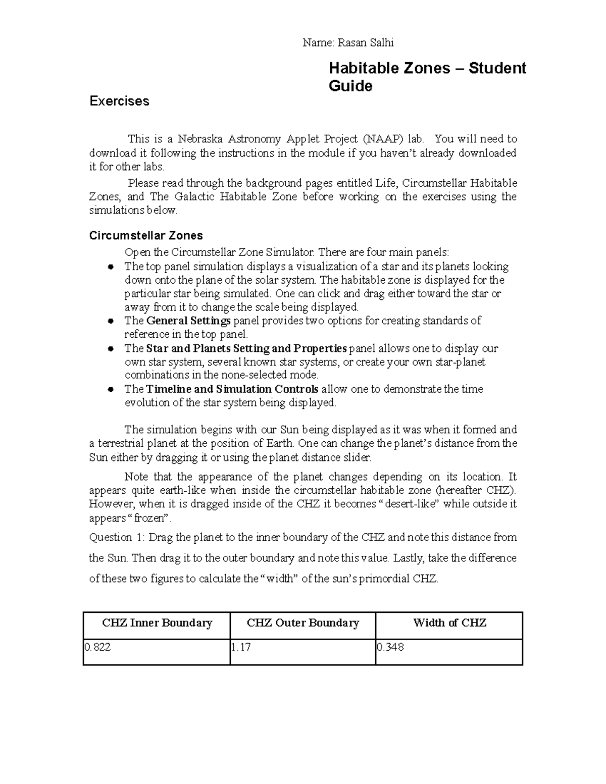 Naap Habitable Zones Group 5 Name Rasan Salhi Exercises Habitable