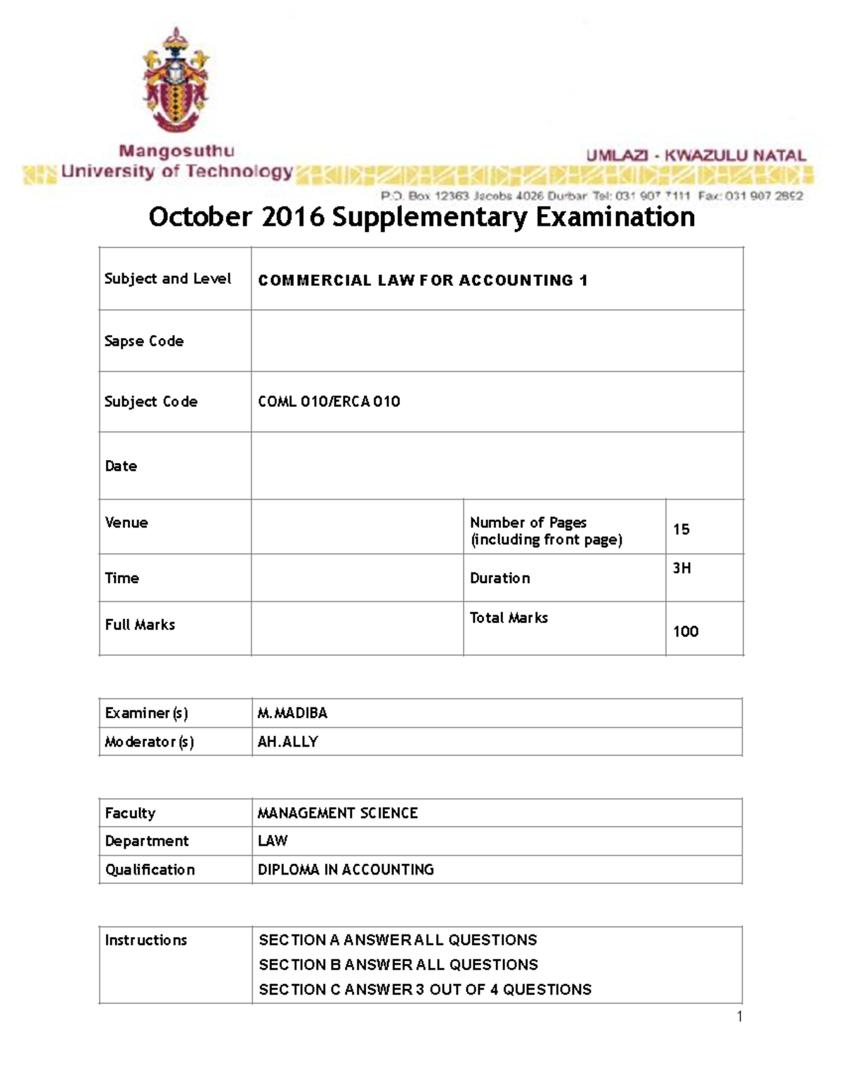 TEST 1 27 November 2016, questions - October 2016 Supplementary ...