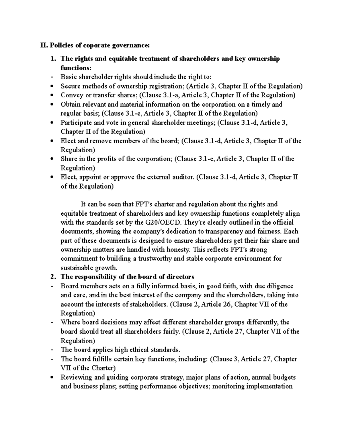 Cg - CG group work evaluate a company - II. Policies of coporate ...