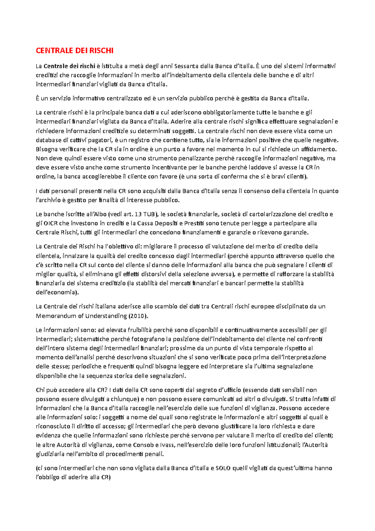 Centrale DEI Rischi - Appunti Prof.ssa Cavezzali - CENTRALE DEI RISCHI ...