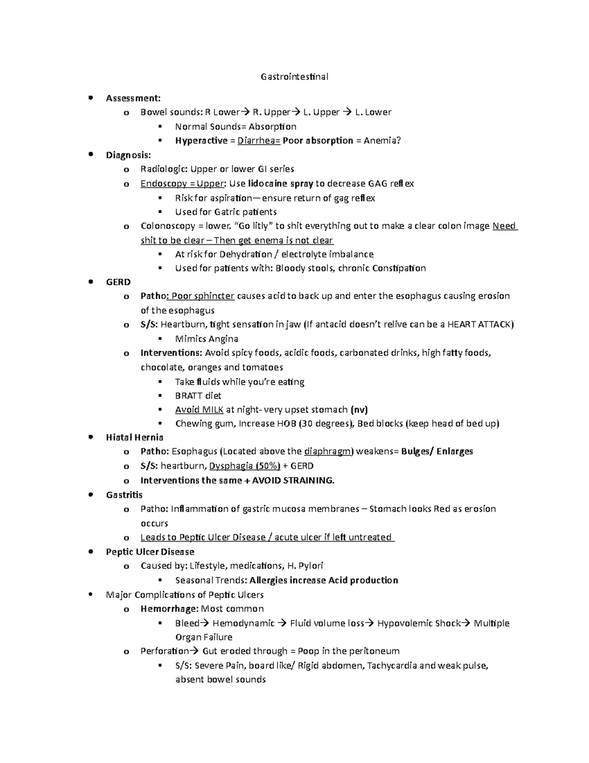 Gastrointestional Notes - Gastrointestinal Assessment: o Bowel sounds ...