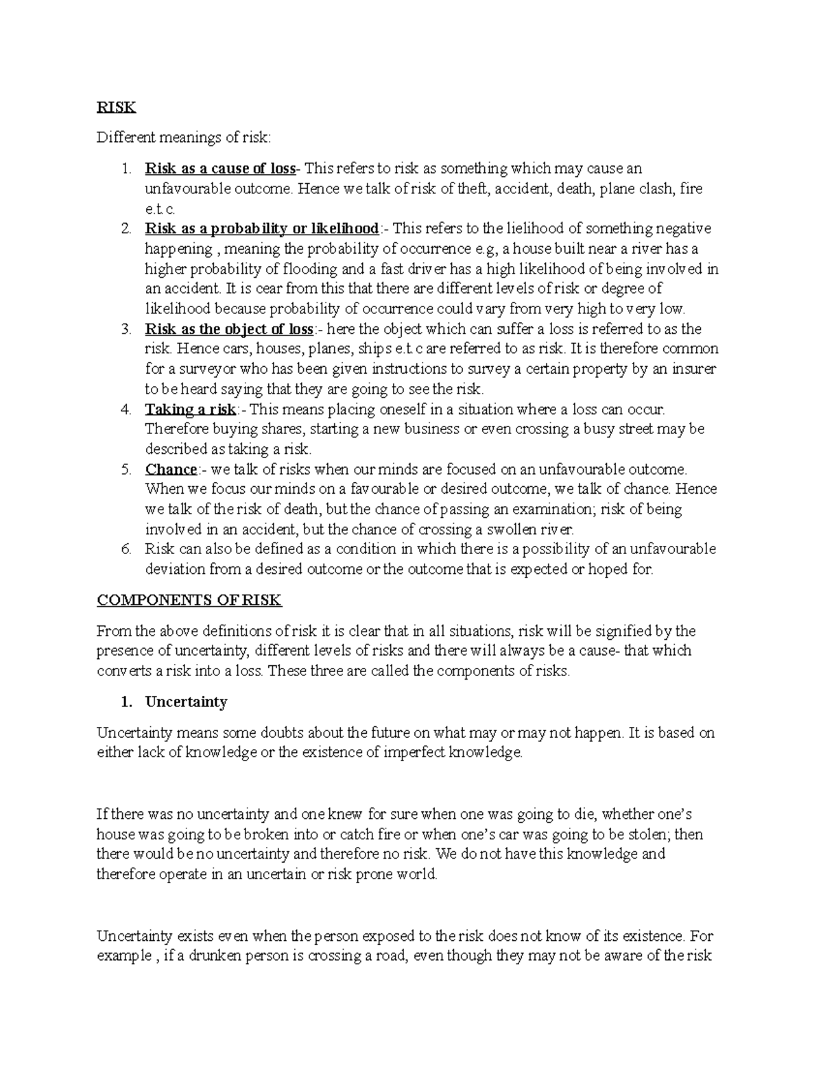 Introduction TO RISK - Excellent - RISK Different meanings of risk: 1 ...