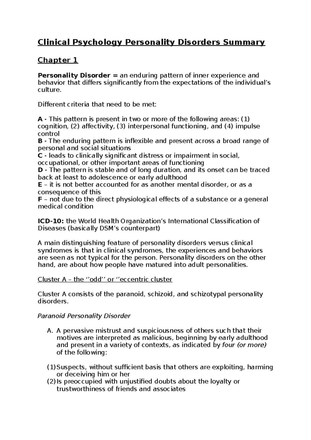 Personality Disorders Summary - Clinical Psychology Personality ...