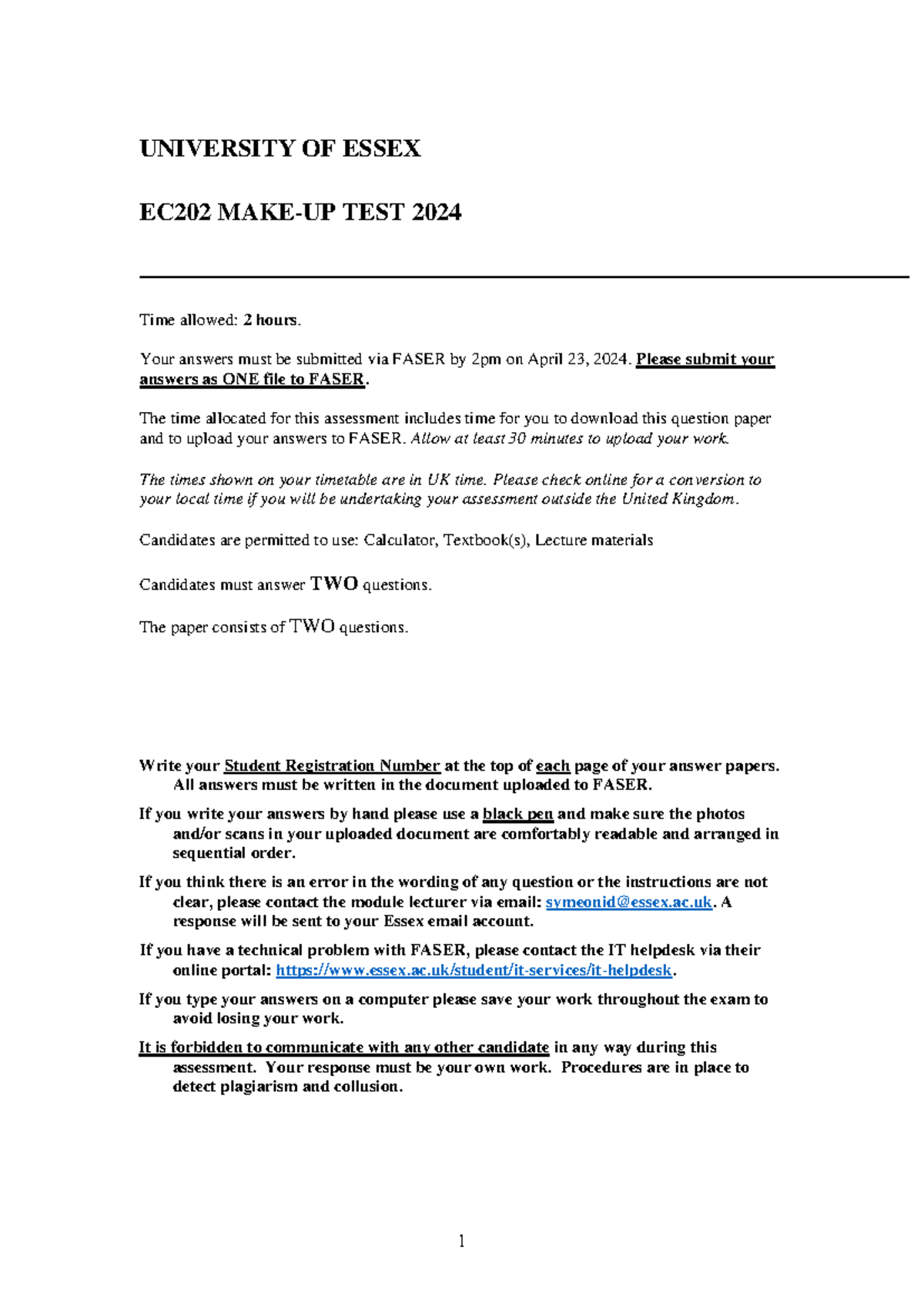 EC202 makeup test 2024 - make up test 2024 - 1 UNIVERSITY OF ESSEX ...