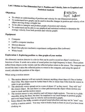 Lab 3 Motion in One-Dimension Part 1 Position and Velocity, Intro to ...