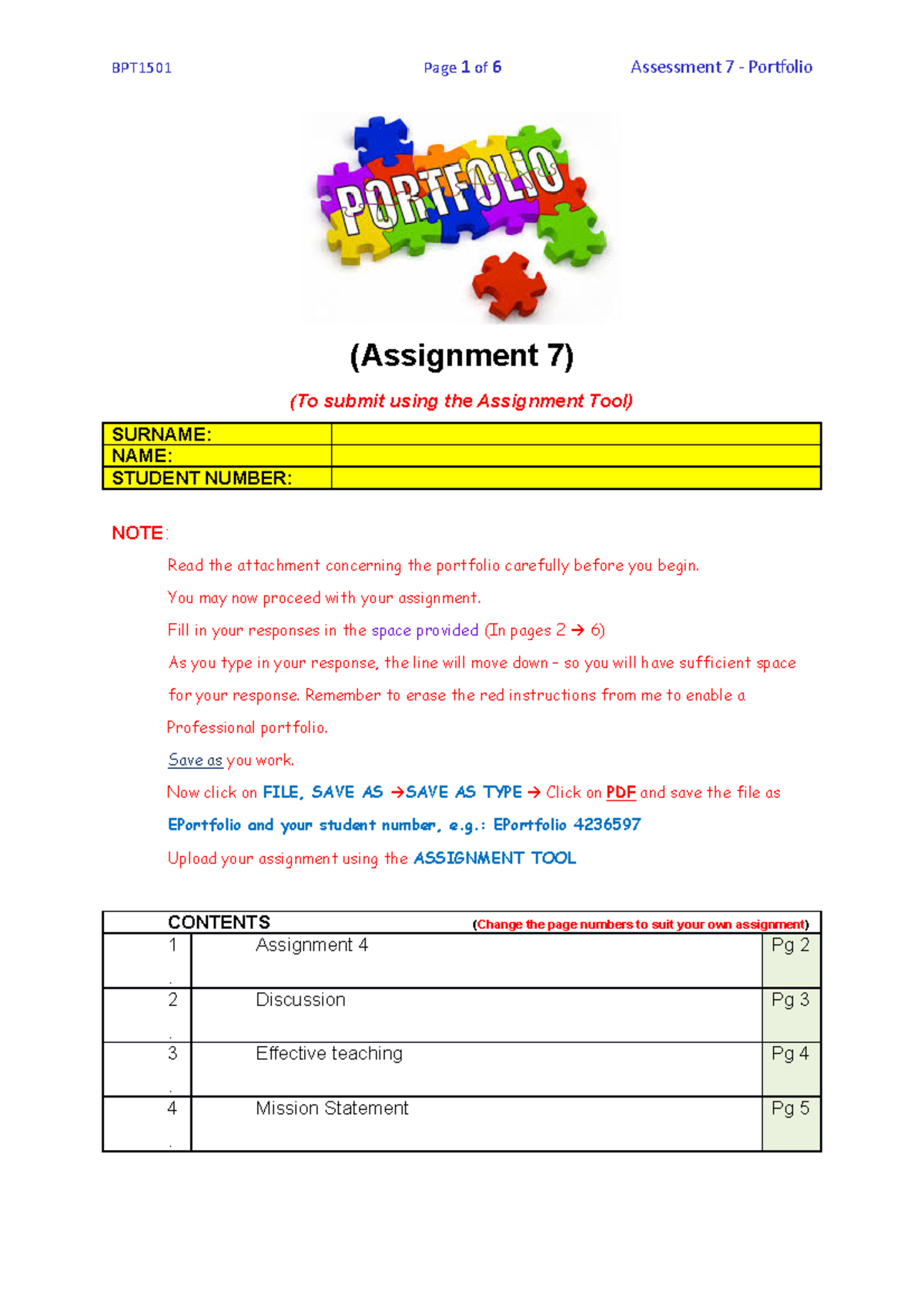 BPT Ass 7 Portfolio template for BPT students - (Assignment 7) (To ...
