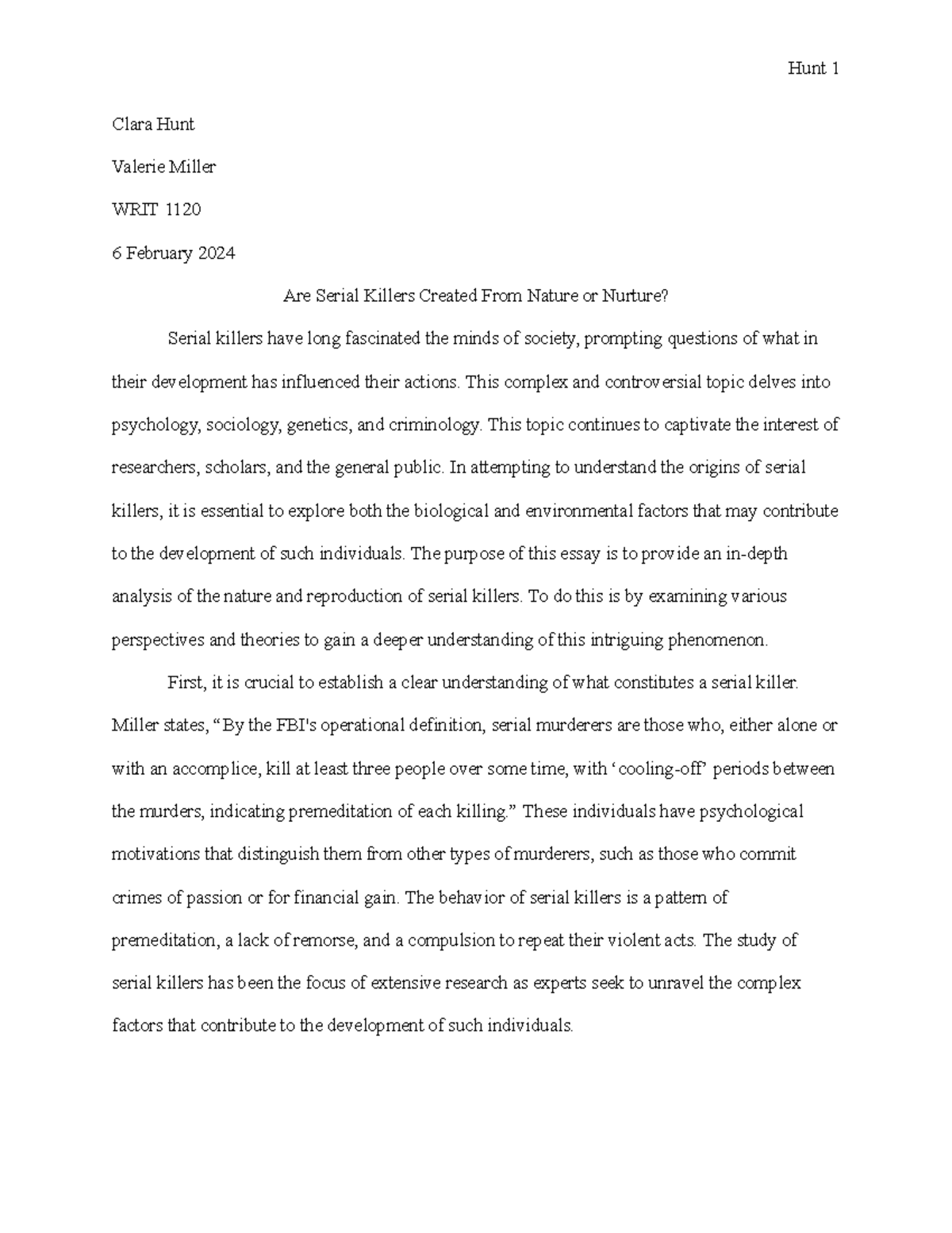 Clara Hunt- Paper #1 Final - Clara Hunt Valerie Miller WRIT 1120 6 ...