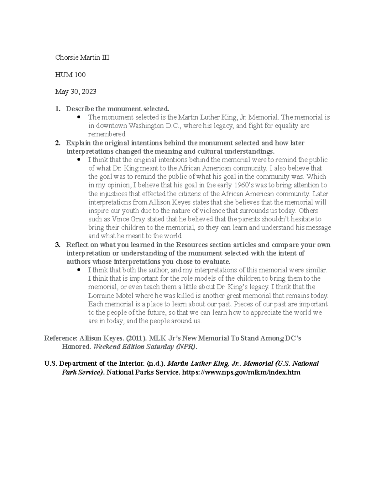 4-1 Short Answer-Cultural Works - Chorsie Martin III HUM 100 May 30 ...