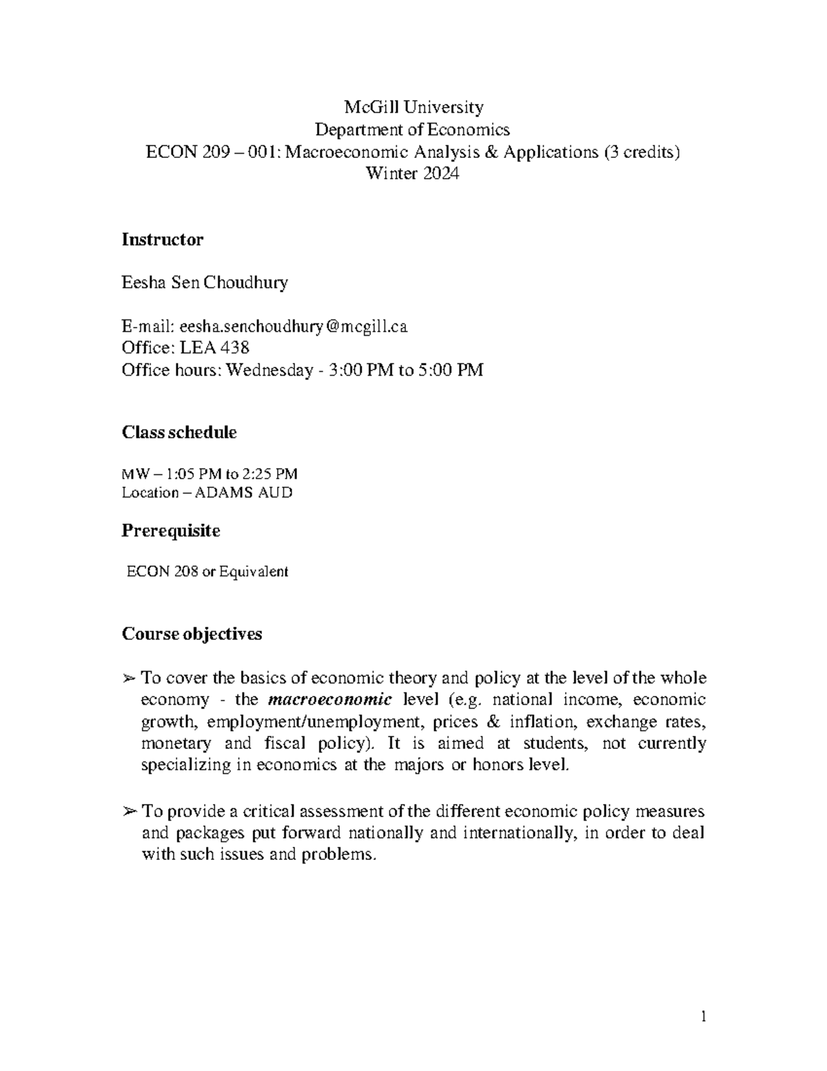Course Outline- Econ 209-001 Winter 2024 - McGill University Department ...