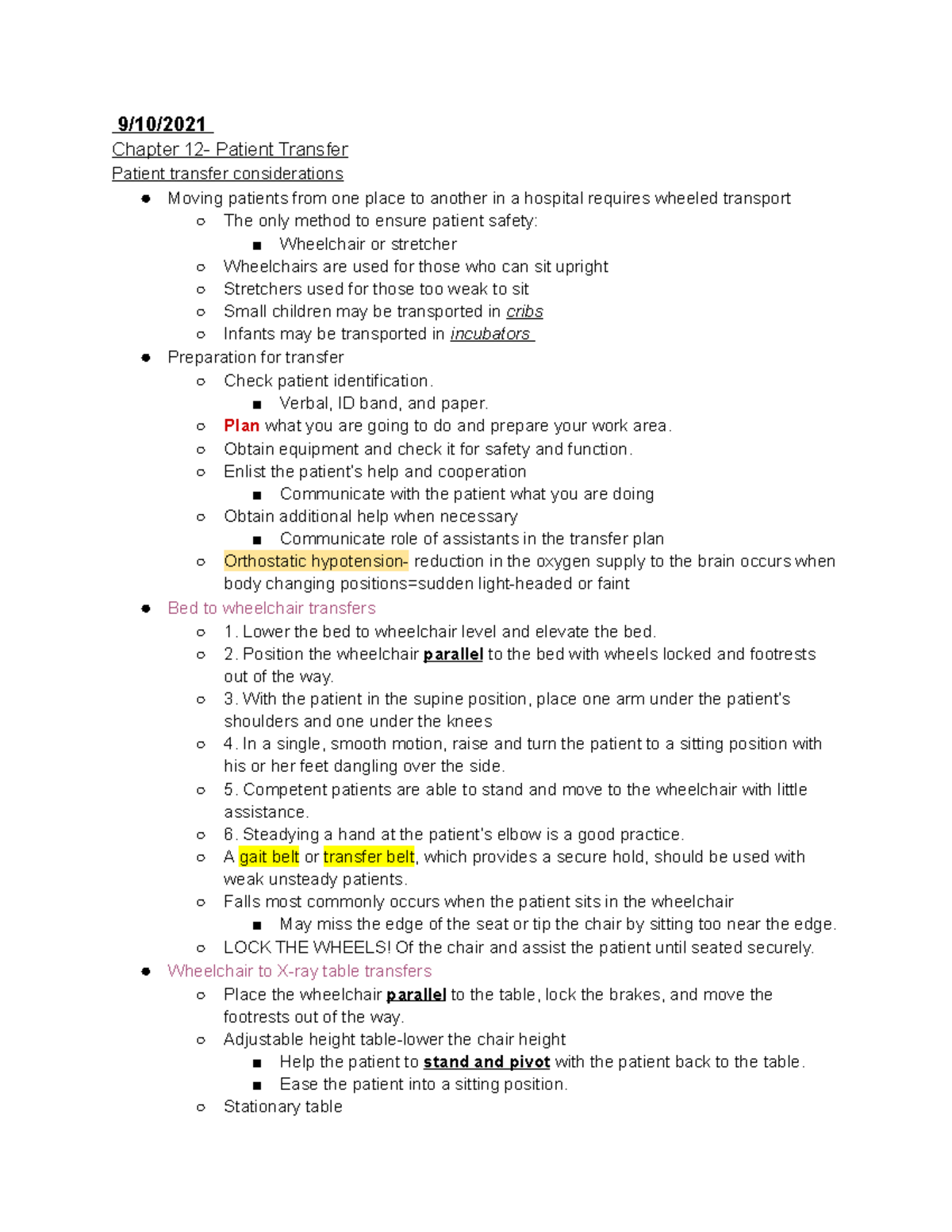 RDT103 Methods of Patient Care - 9/10/ Chapter 12- Patient Transfer ...