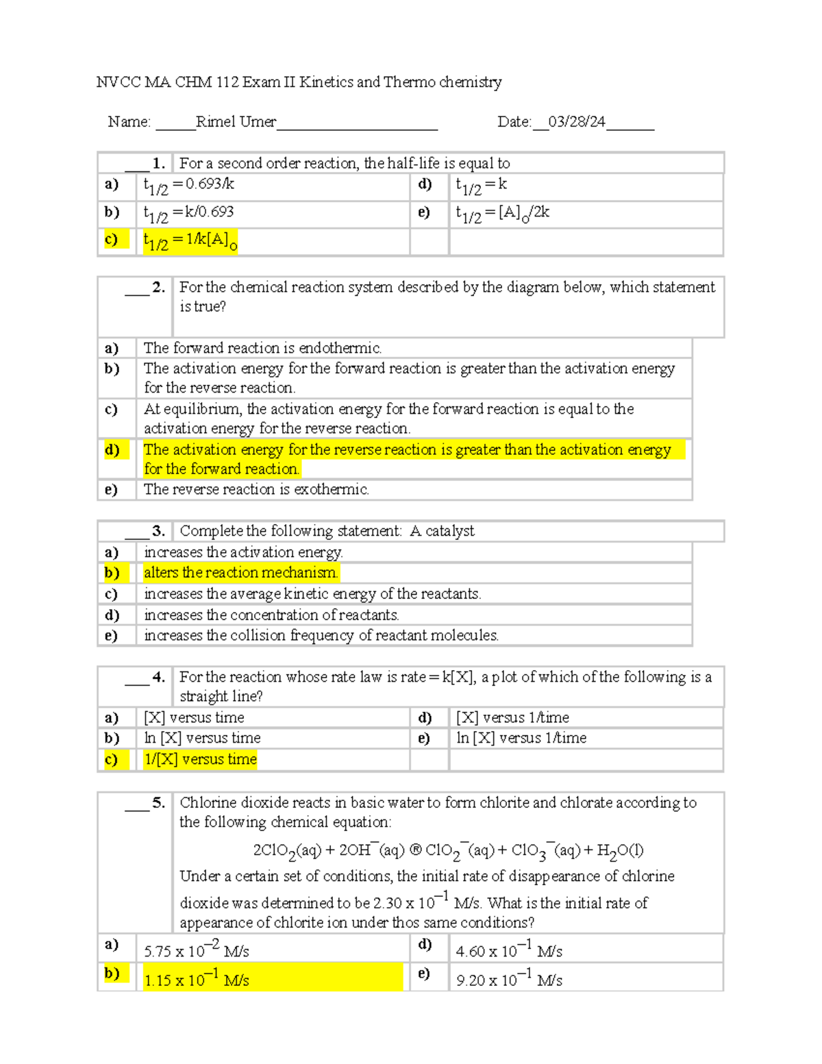 Final 2 chem - exam - NVCC MA CHM 112 Exam II Kinetics and Thermo ...