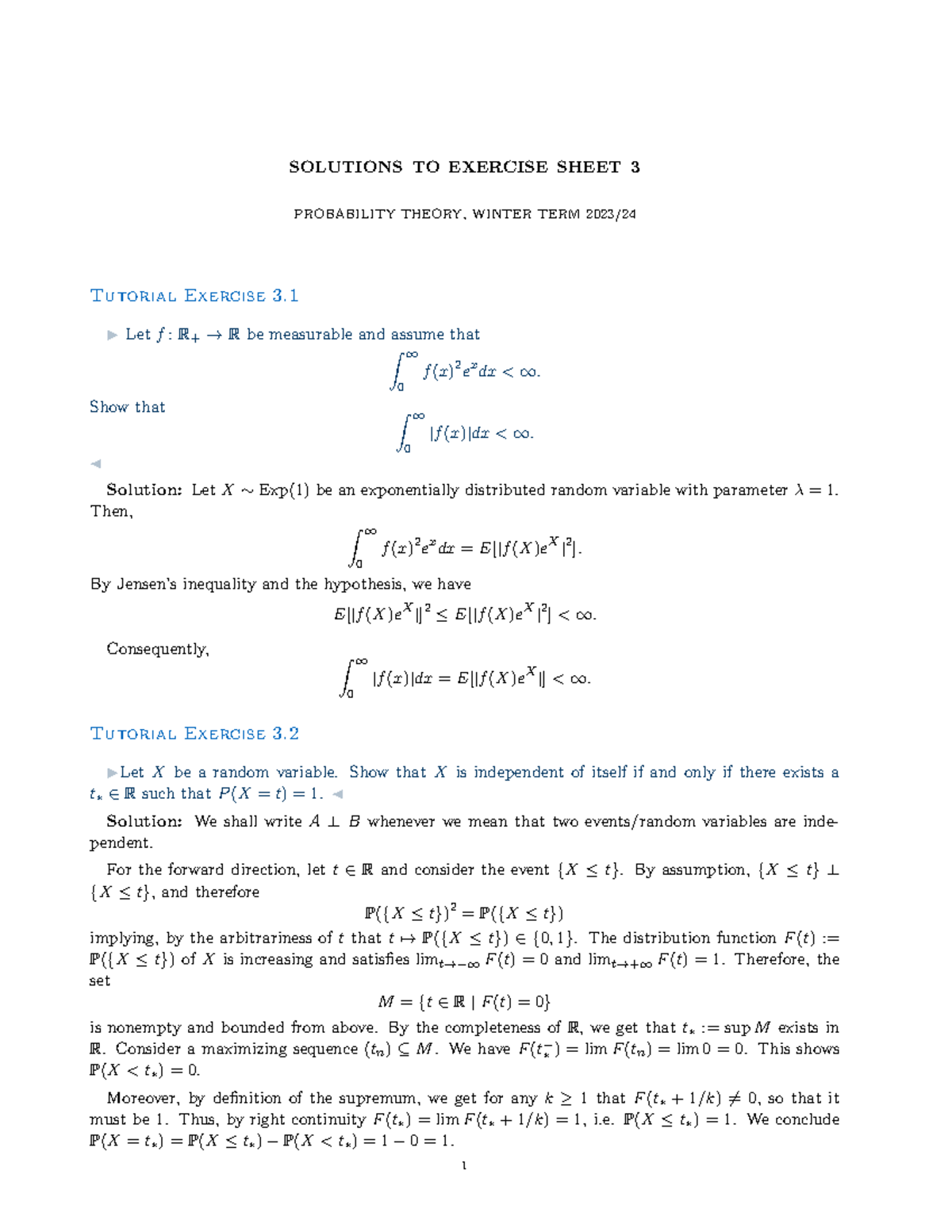 tutorial and hw 3 - SOLUTIONS TO EXERCISE SHEET 3 PROBABILITY THEORY, WINTER TERM 2023/ Tutorial ...