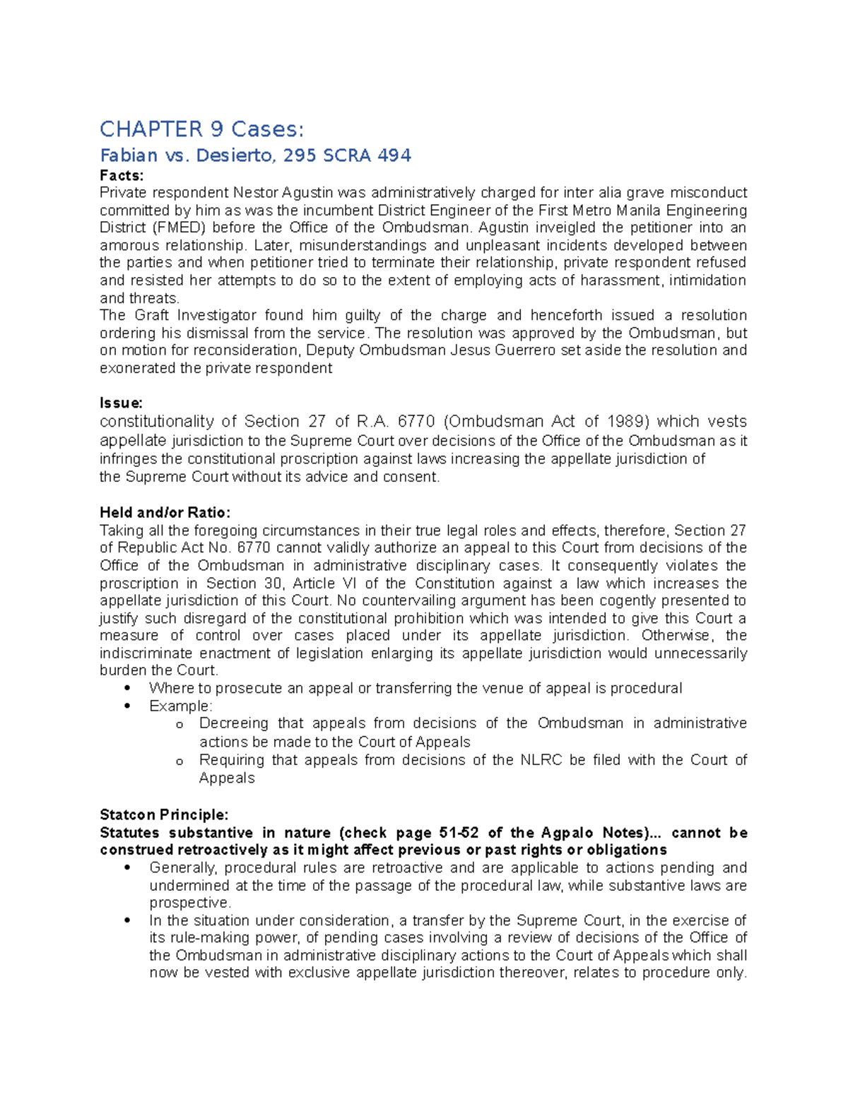 Chapter-9-Cases - assignment - CHAPTER 9 Cases: Fabian vs. Desierto, 295 SCRA 494 Facts: Private ...