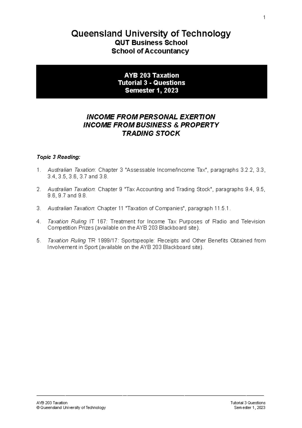 Tutorial 3 - Queensland University of Technology QUT Business School ...