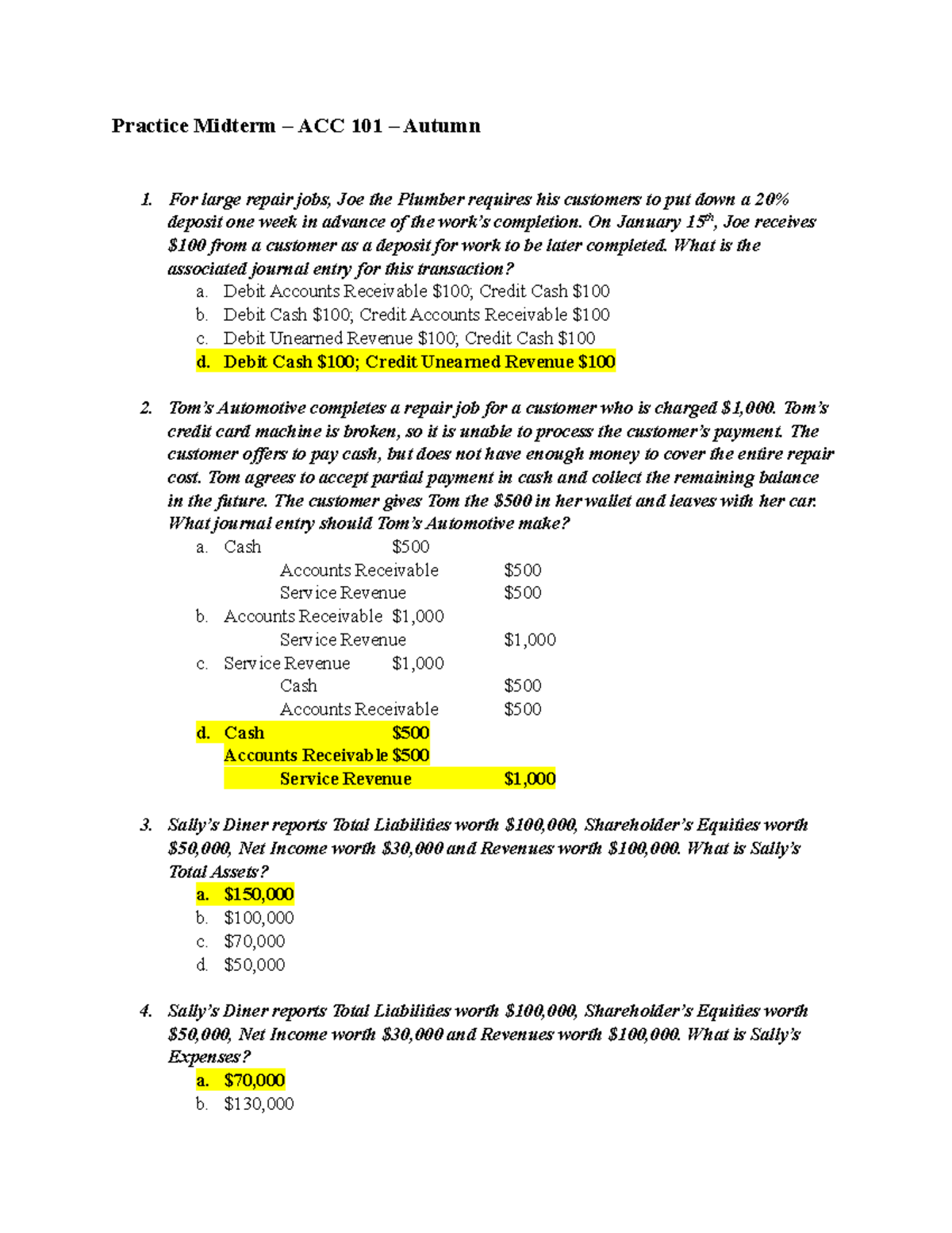 ACC 101 Practice Midterm - Practice Midterm – ACC 101 – Autumn 1. For large repair jobs, Joe the ...