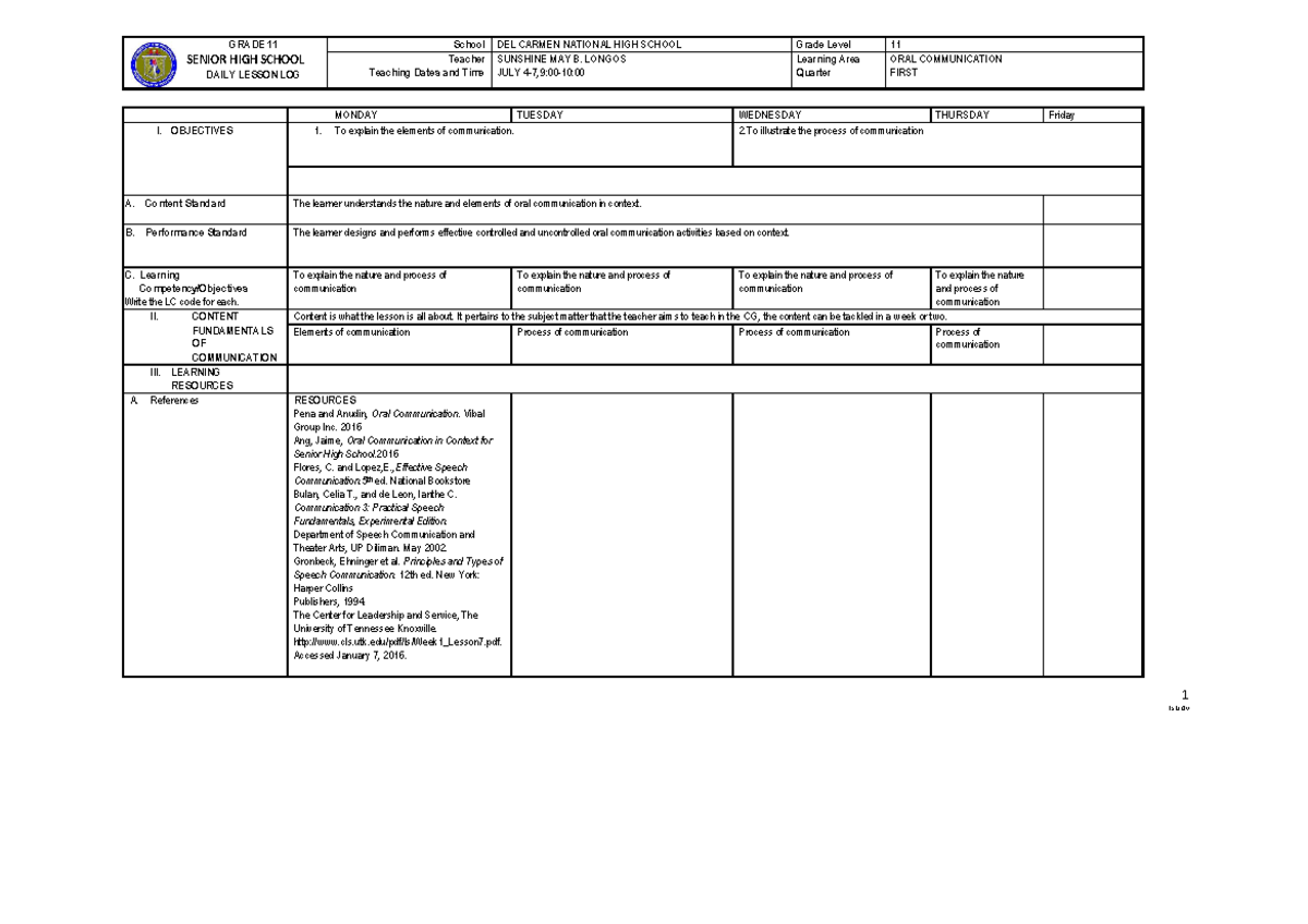 Dll-all-oral-comm-oral-communication-dll compress - 1 GRADE 11 SENIOR ...