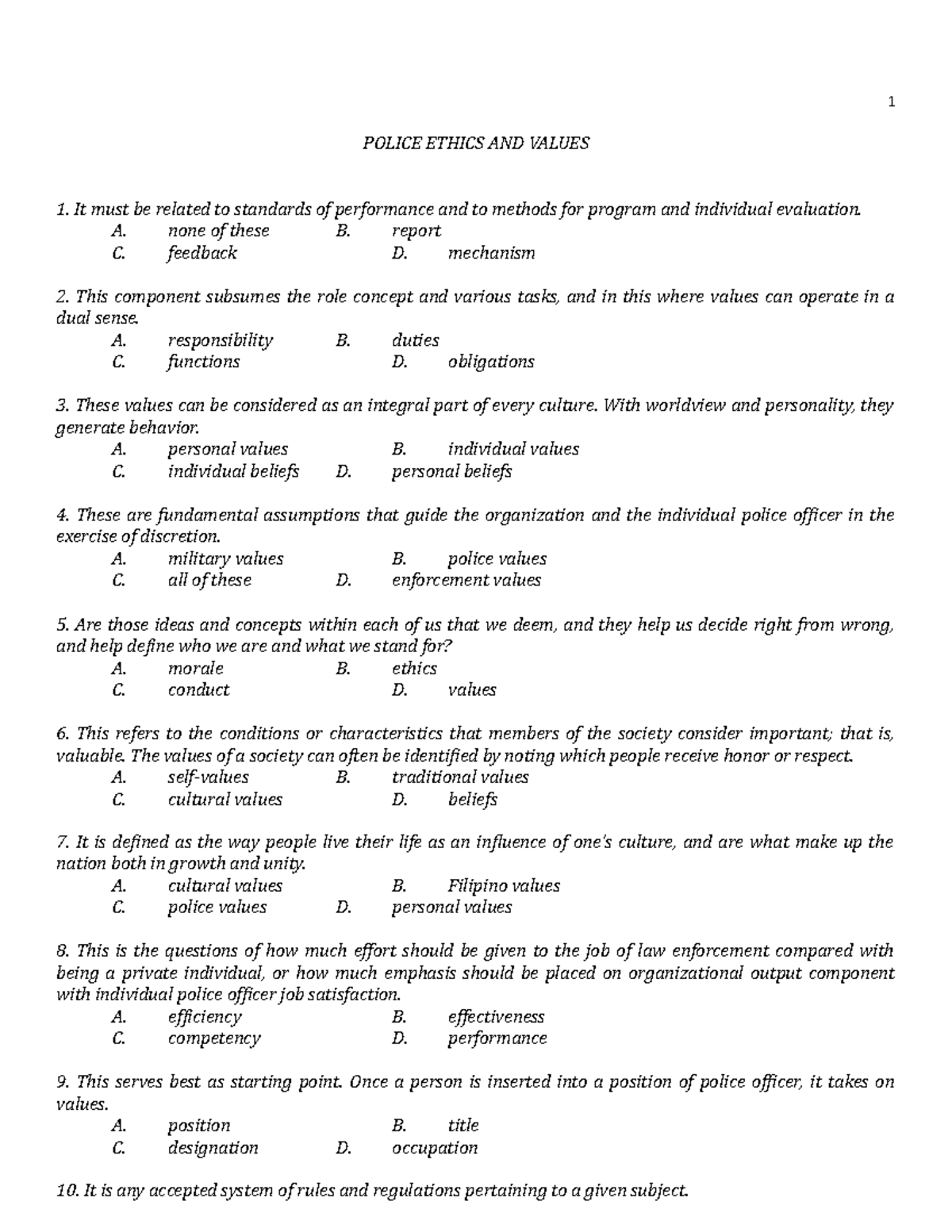 Police Ethics AND Values and GAD - POLICE ETHICS AND VALUES It must be ...